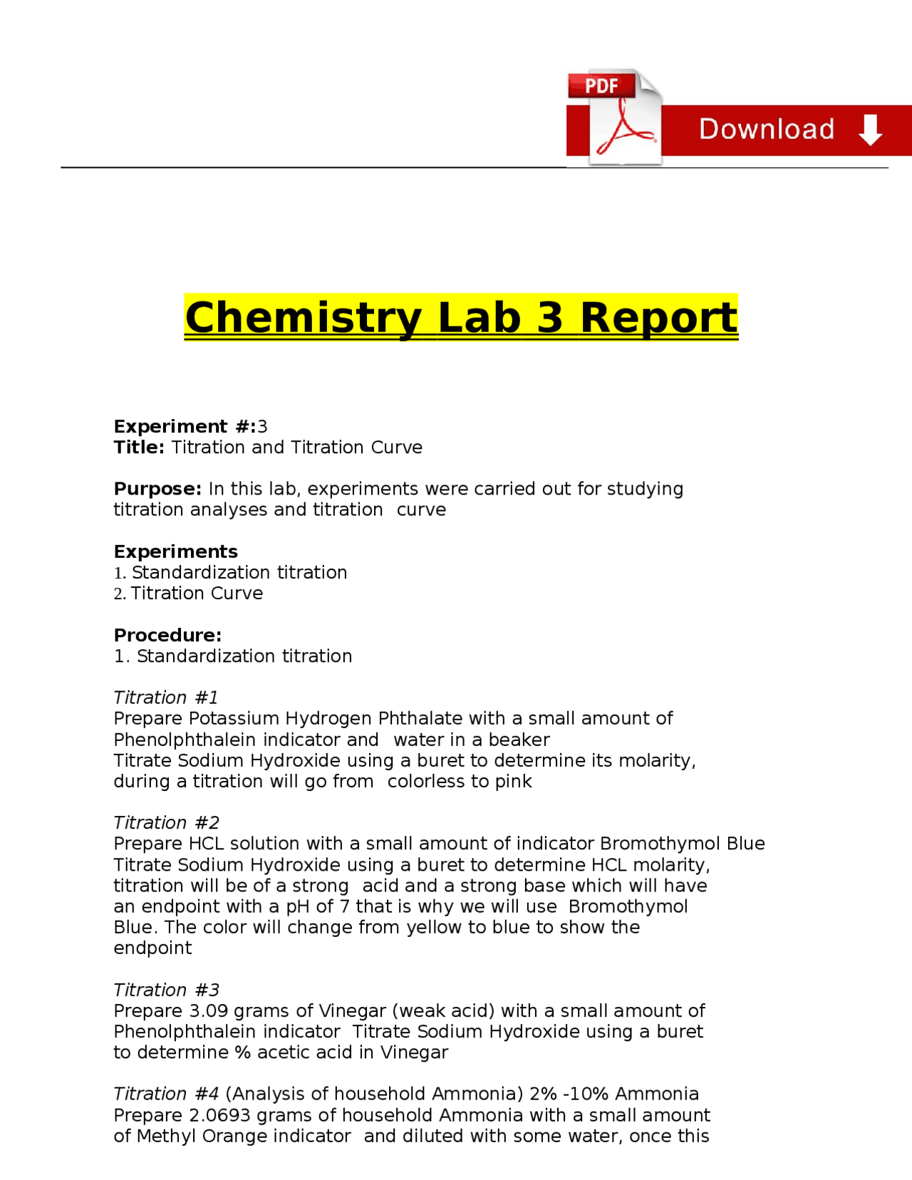 Portage learning CHEM 104 LAB 3 Report Titration and Titration Curve Complete 2025 / 2026 | Lab ...