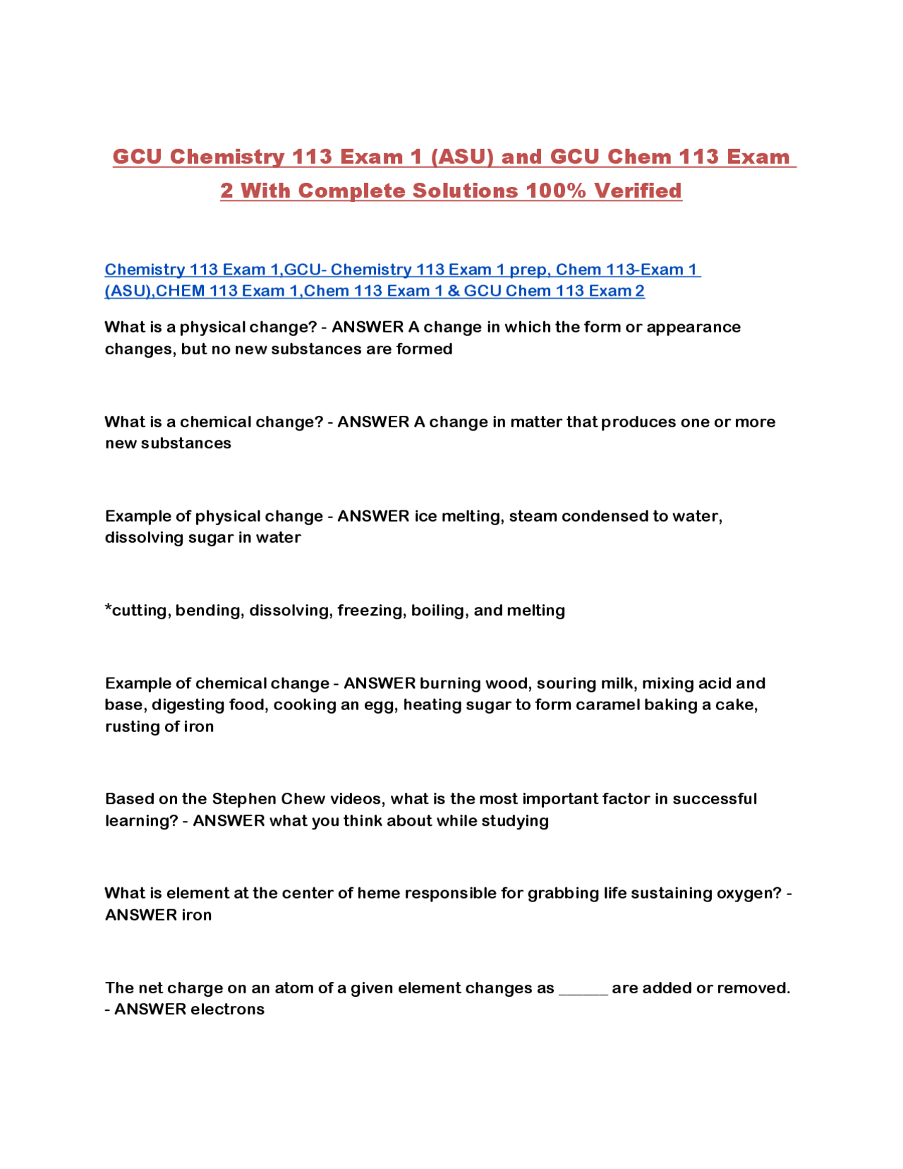 GCU Chemistry 113 Exam 1 (ASU) and GCU Chem 113 Exam 2 With Complete ...