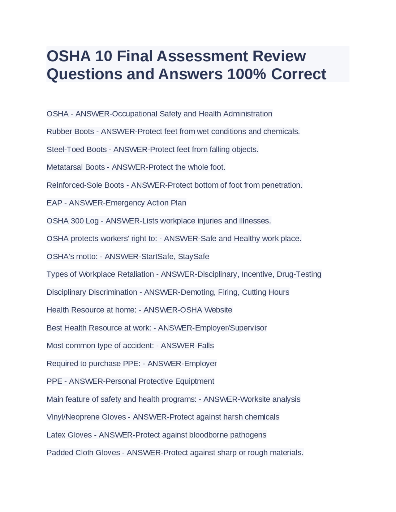 OSHA 10 Final Assessment Review: Questions and Answers | Exams ...