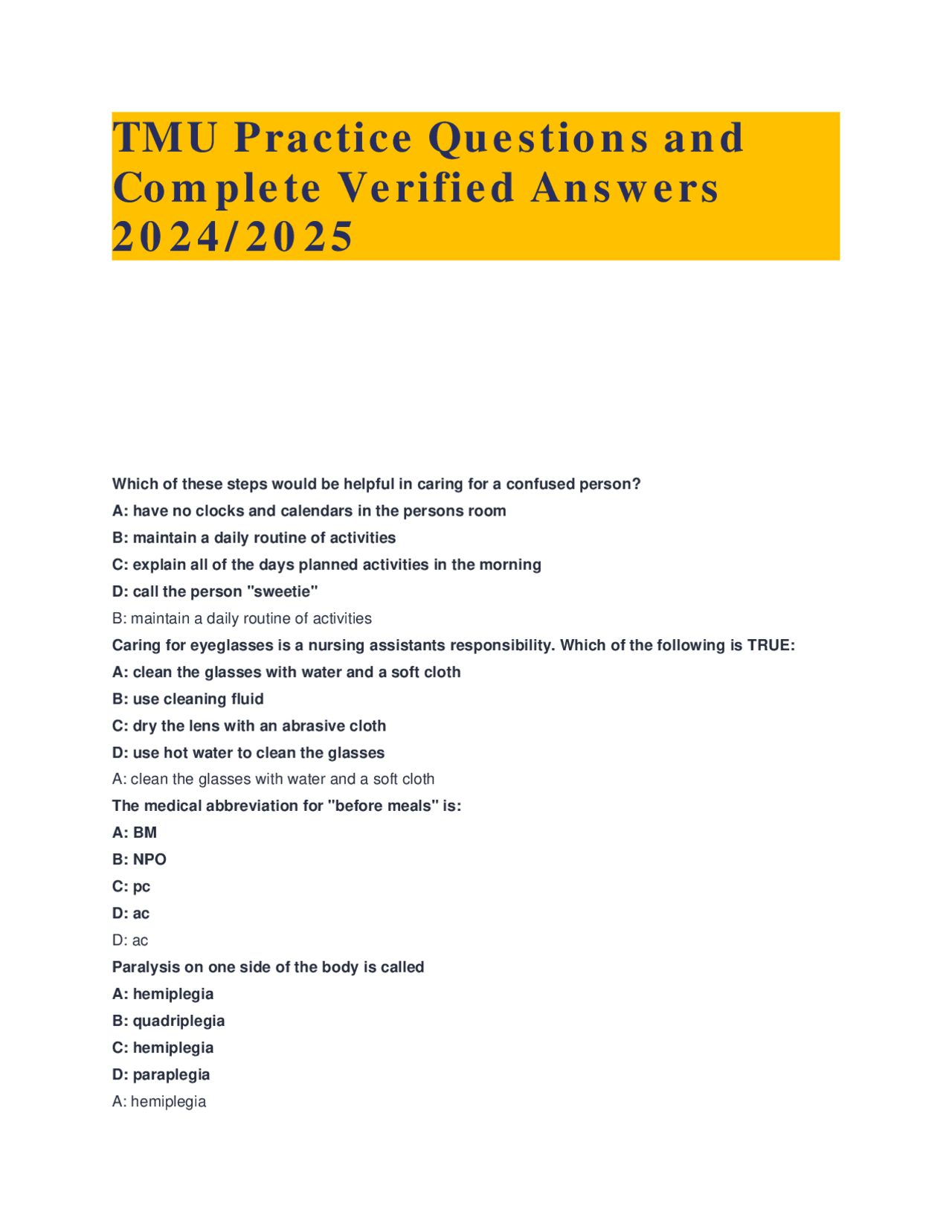 TMU Practice Questions and Complete Verified Answers 2024/2025 | Exams ...