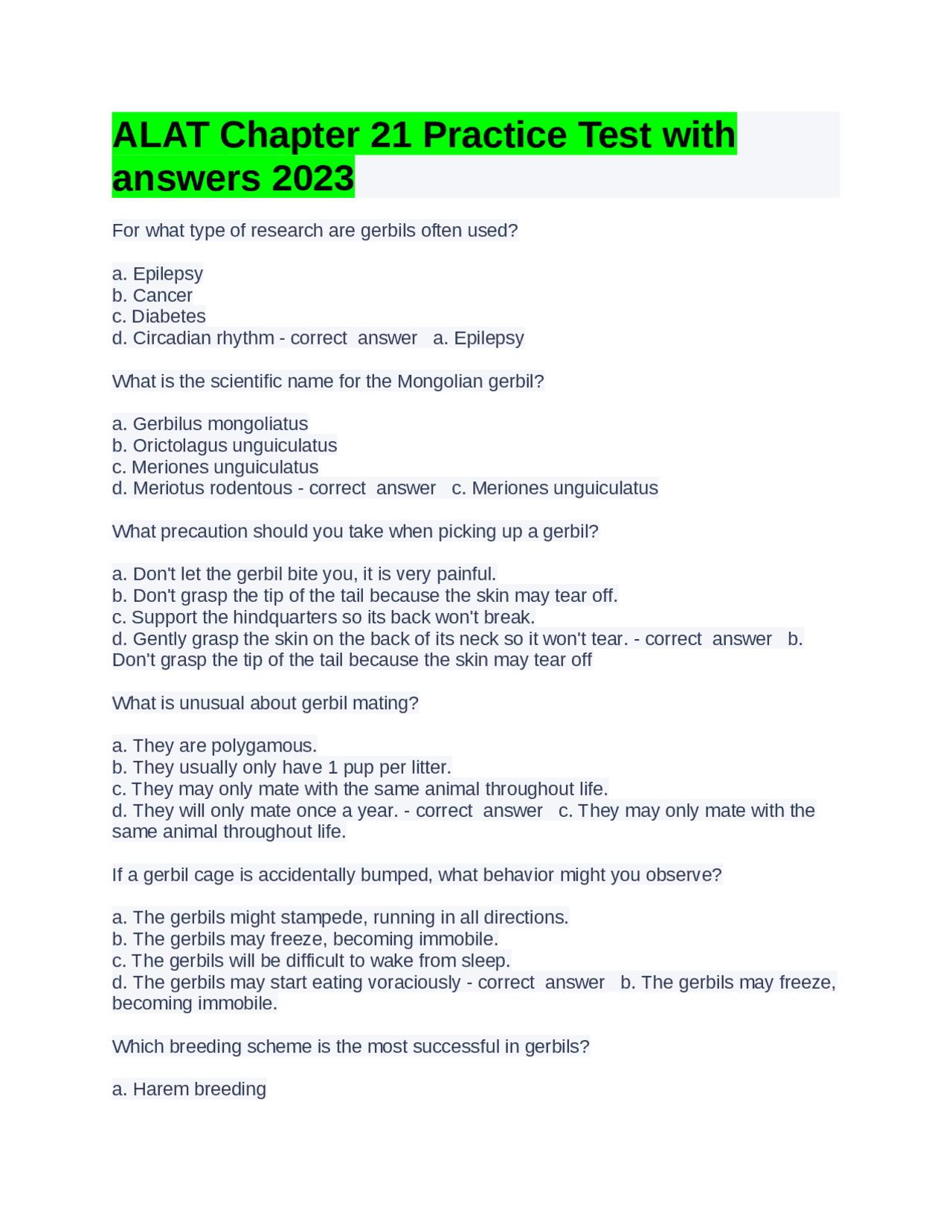 ALAT Chapter 21 Practice Test with Answers: Gerbil Biology and Care ...