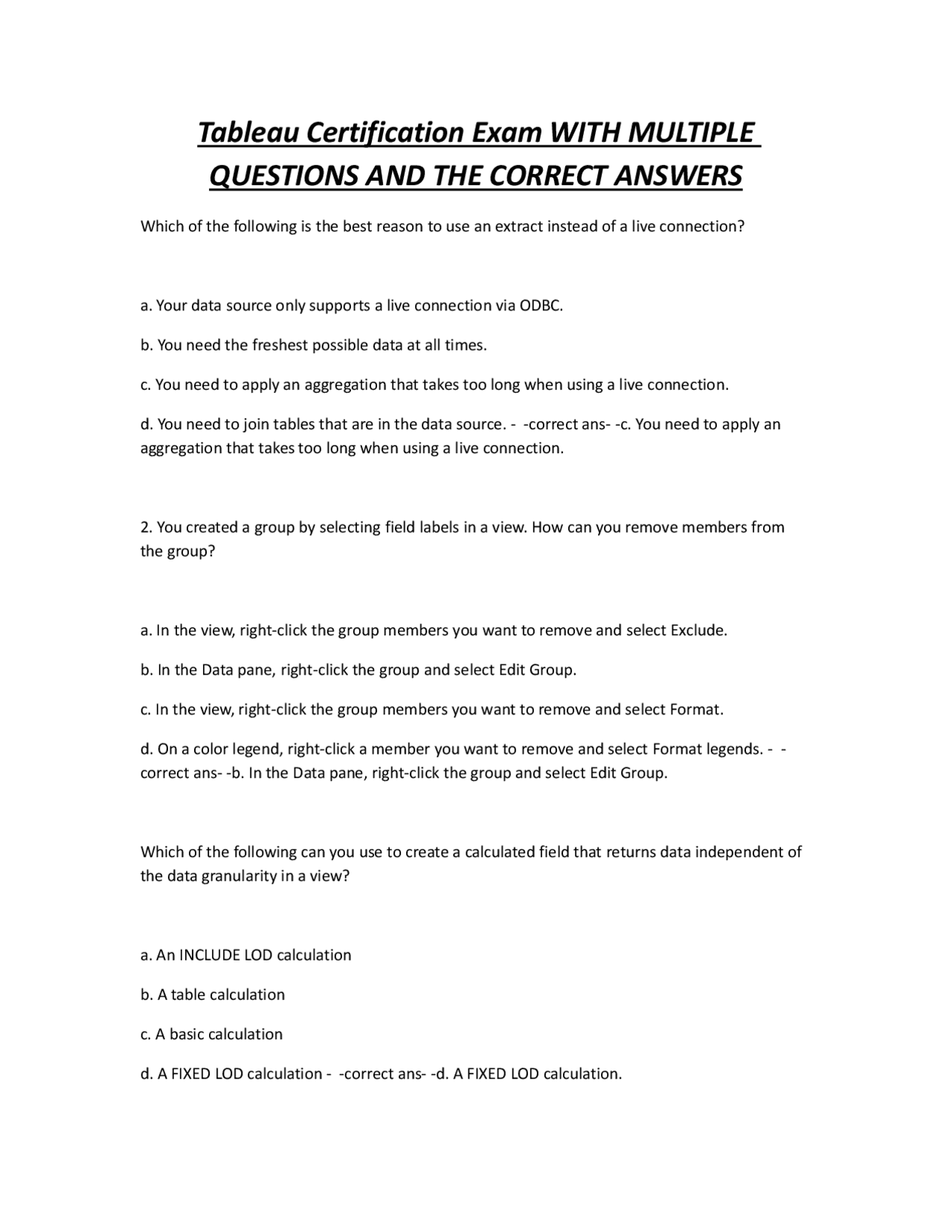 Tableau Certification Exam: Multiple Questions with Correct Answers | Exams Computer Networks ...