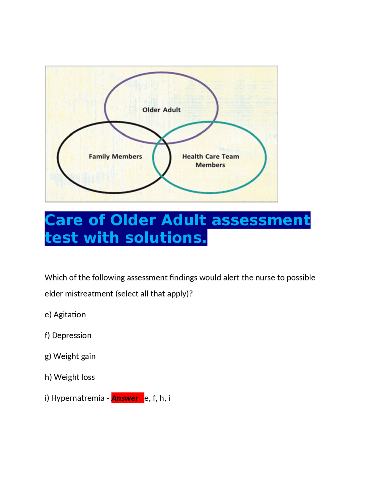 Care of Older Adults Assessment Test with Solutions | Exams Nursing ...