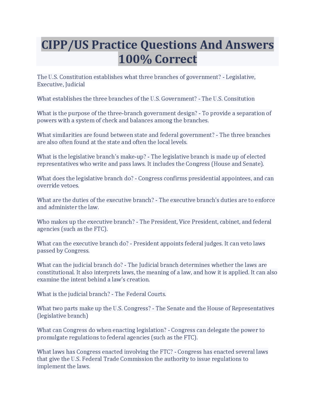 CIPP/US Practice Questions And Answers 100% Correct | Exams Advanced ...