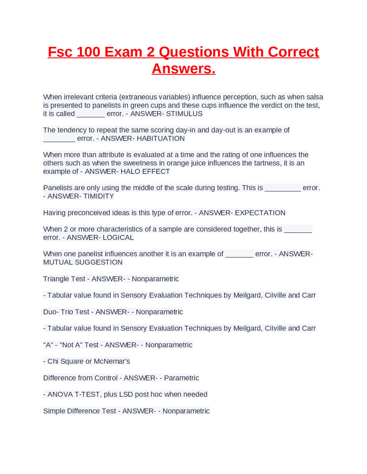 Fsc 100 Exam 2: Sensory Evaluation Questions and Answers | Exams ...