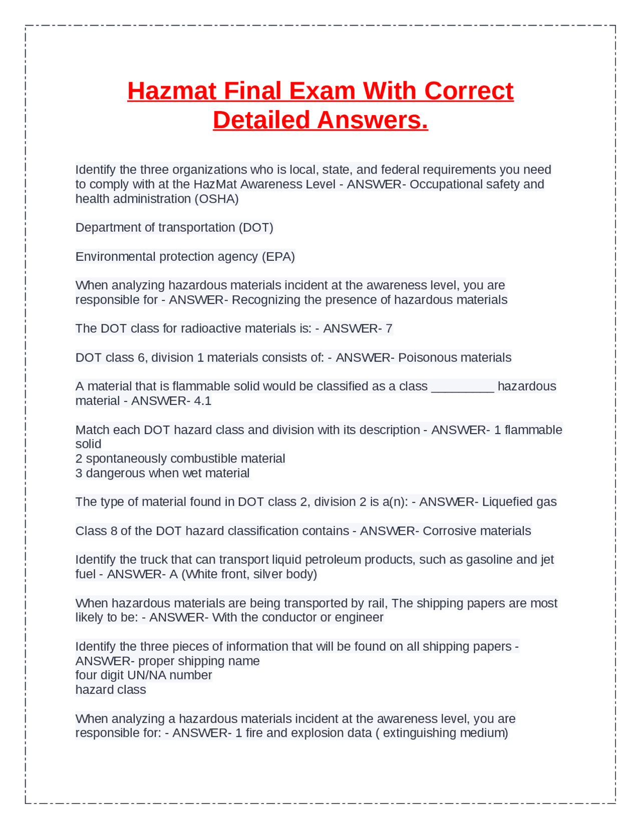 Hazmat Awareness Level Final Exam with Answers | Exams Advanced ...