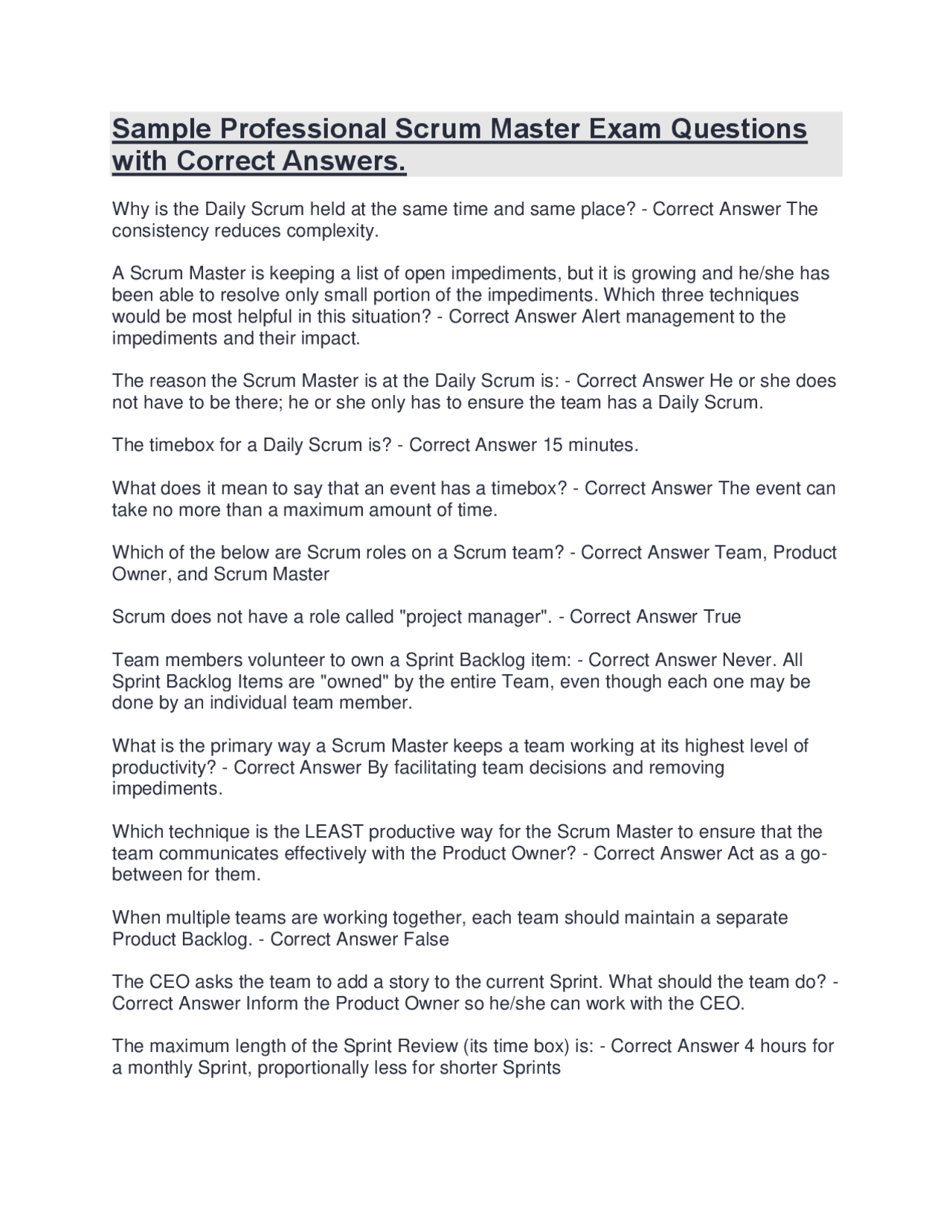 Sample Professional Scrum Master Exam Questions and Answers | Exams ...