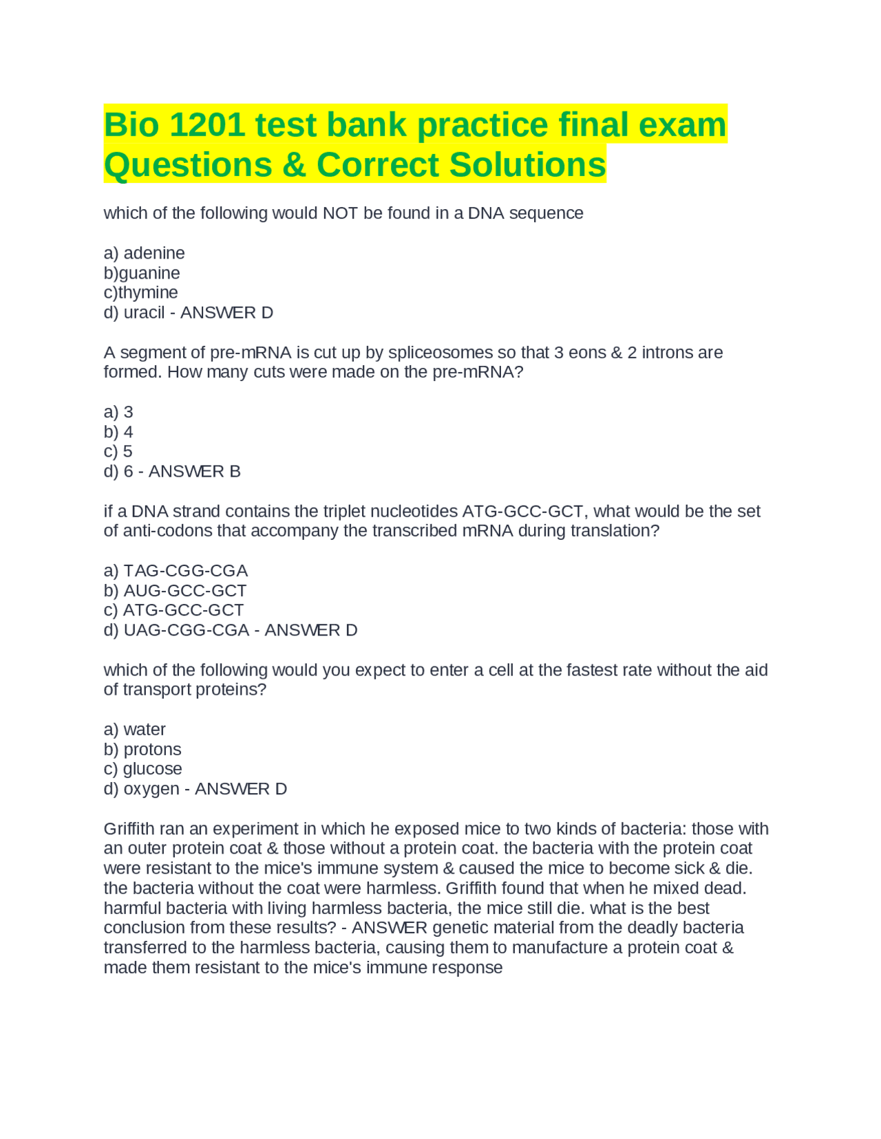 Bio 1201 test bank practice final exam Questions & Correct Solutions ...