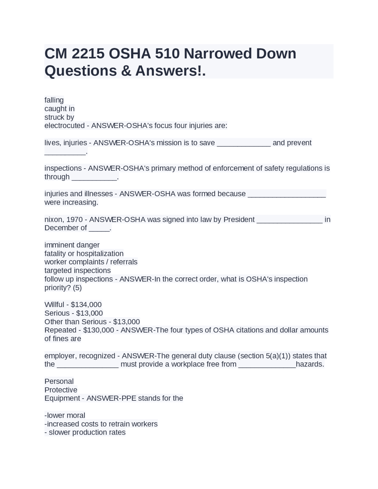 OSHA 510: Questions and Answers on Workplace Safety | Exams Workplace ...