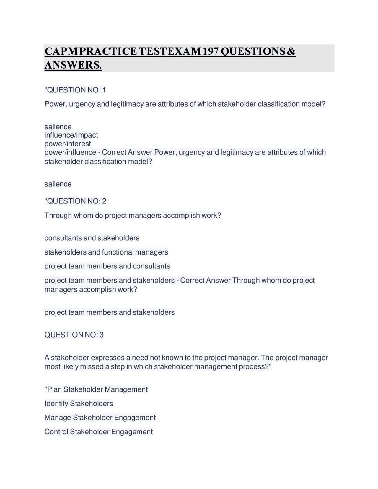 CAPM PRACTICE TESTEXAM 197 QUESTIONS & ANSWERS. | Exams Company ...