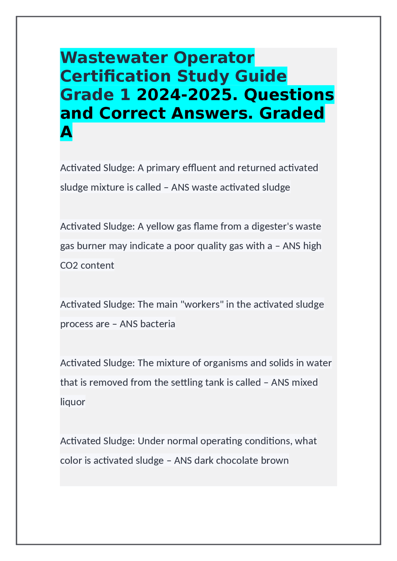 Wastewater Operator Certification Study Guide: Grade 1 (2024-2025) - Questions and Answers ...