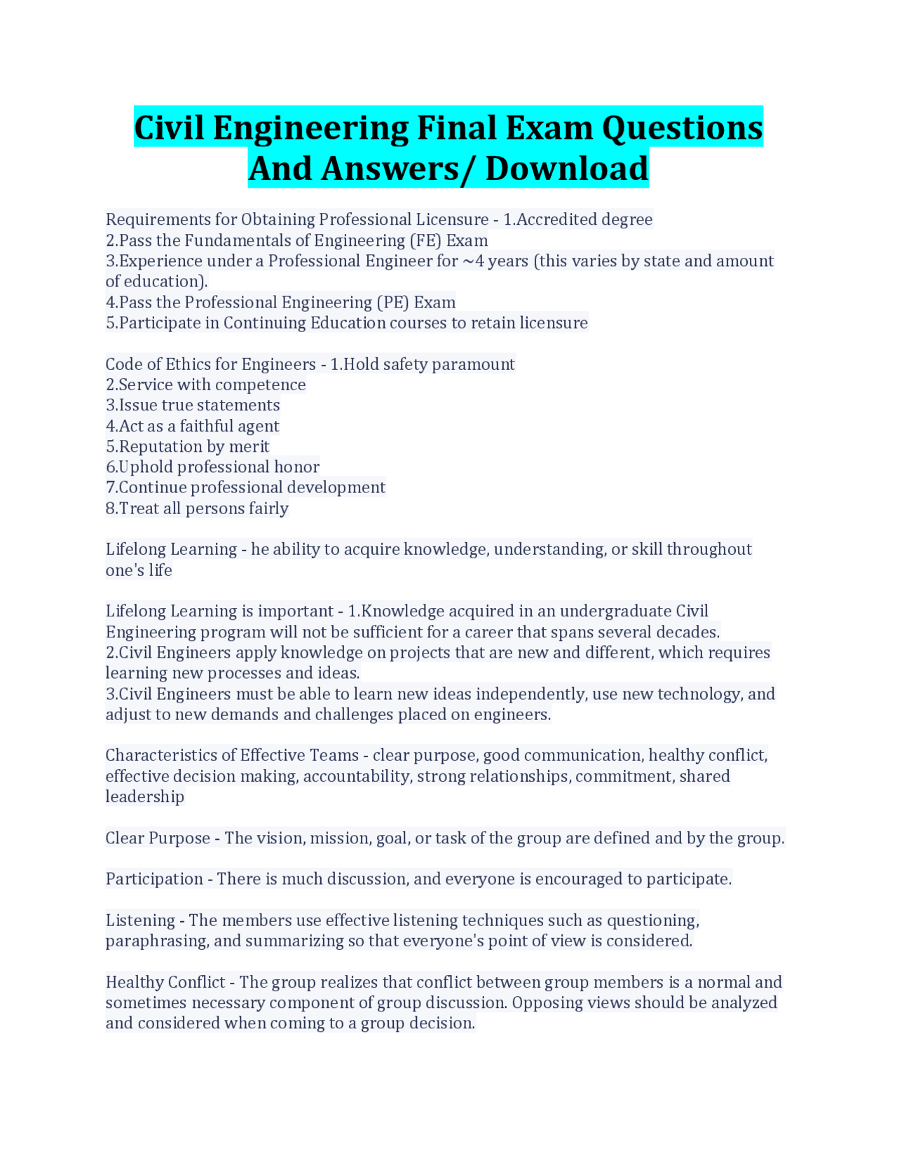 Civil Engineering Final Exam Questions and Answers: A Guide to ...