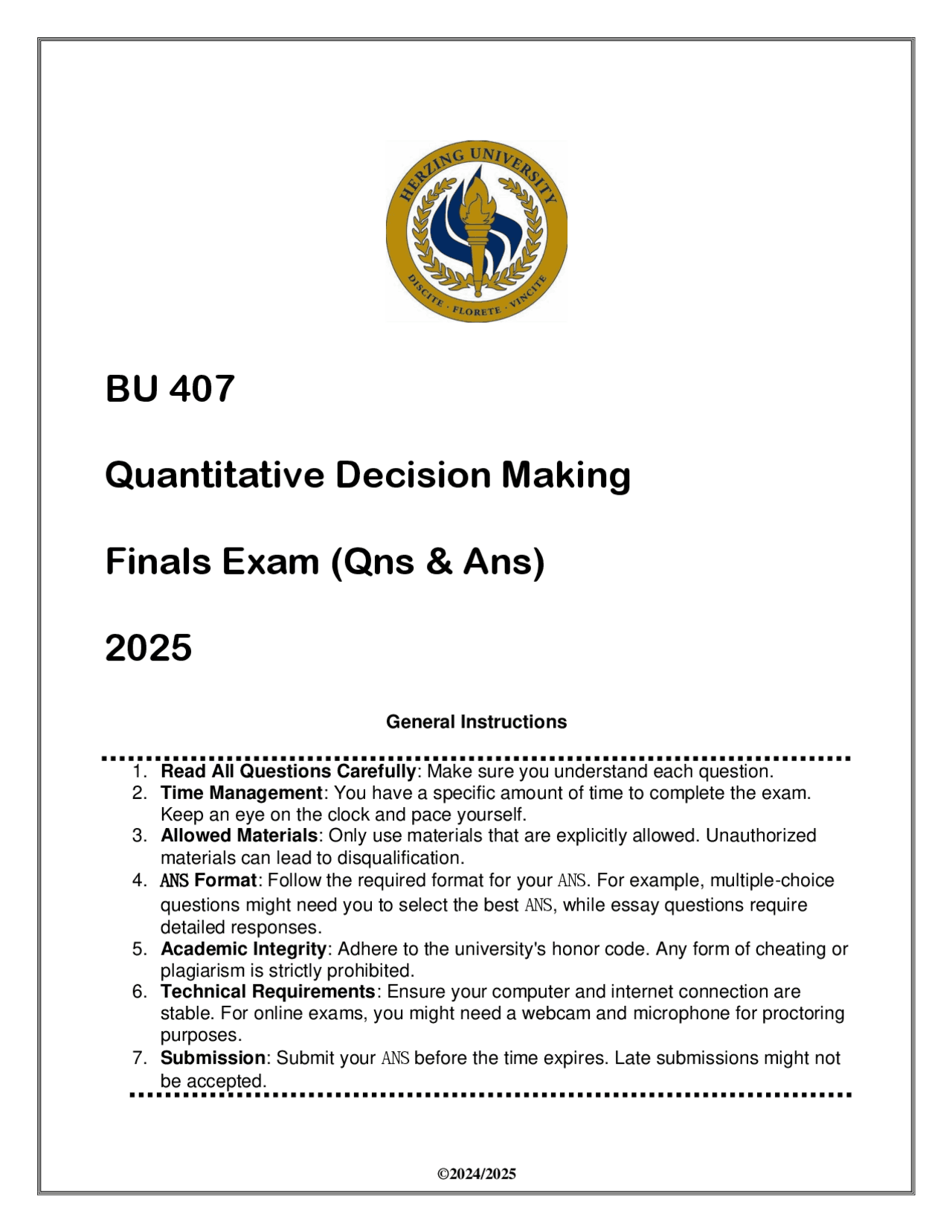 BU 407 Quantitative Decision Making Exam (Qns & Ans) 2025 HU | Exams ...