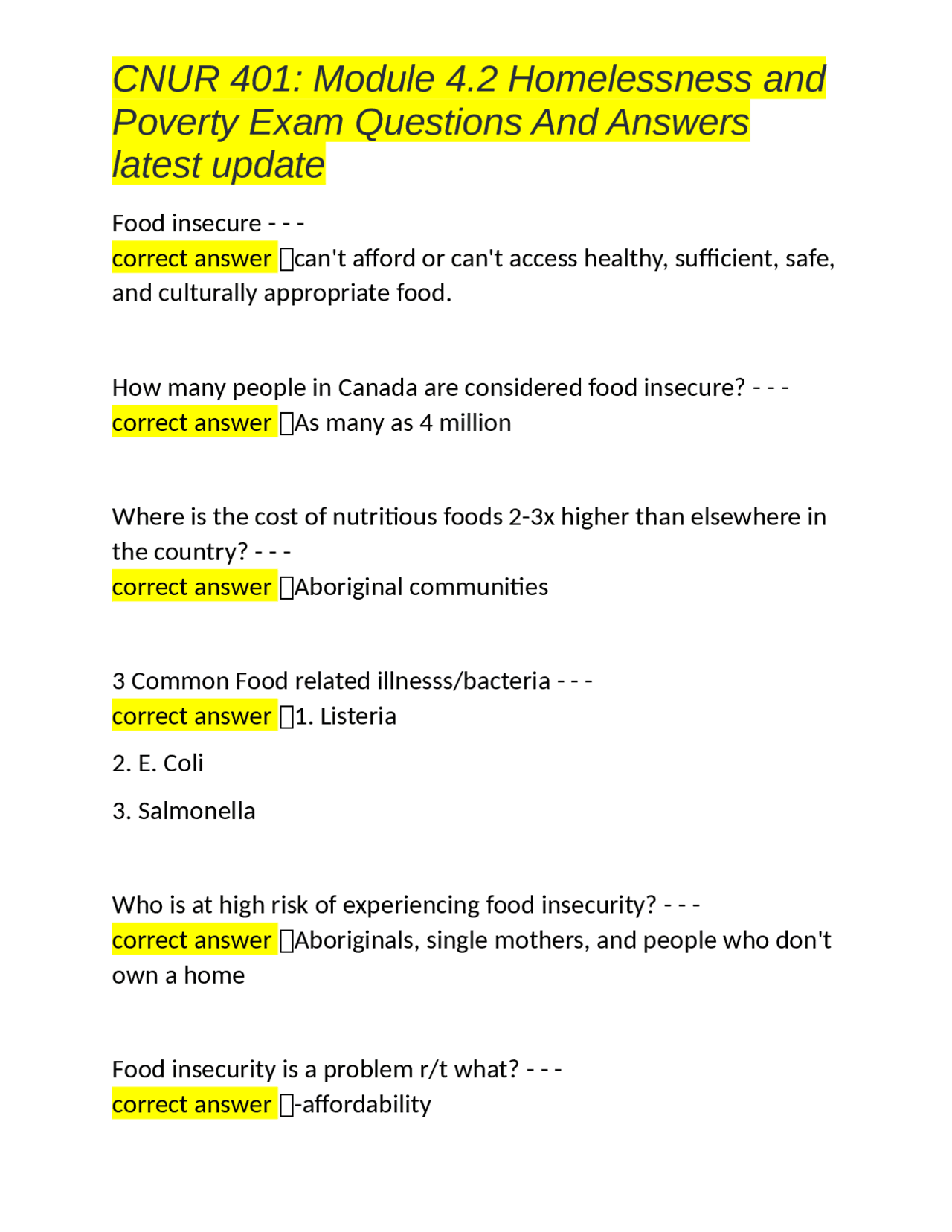 CNUR 401: Module 4.2 Homelessness and Poverty Exam Questions and ...