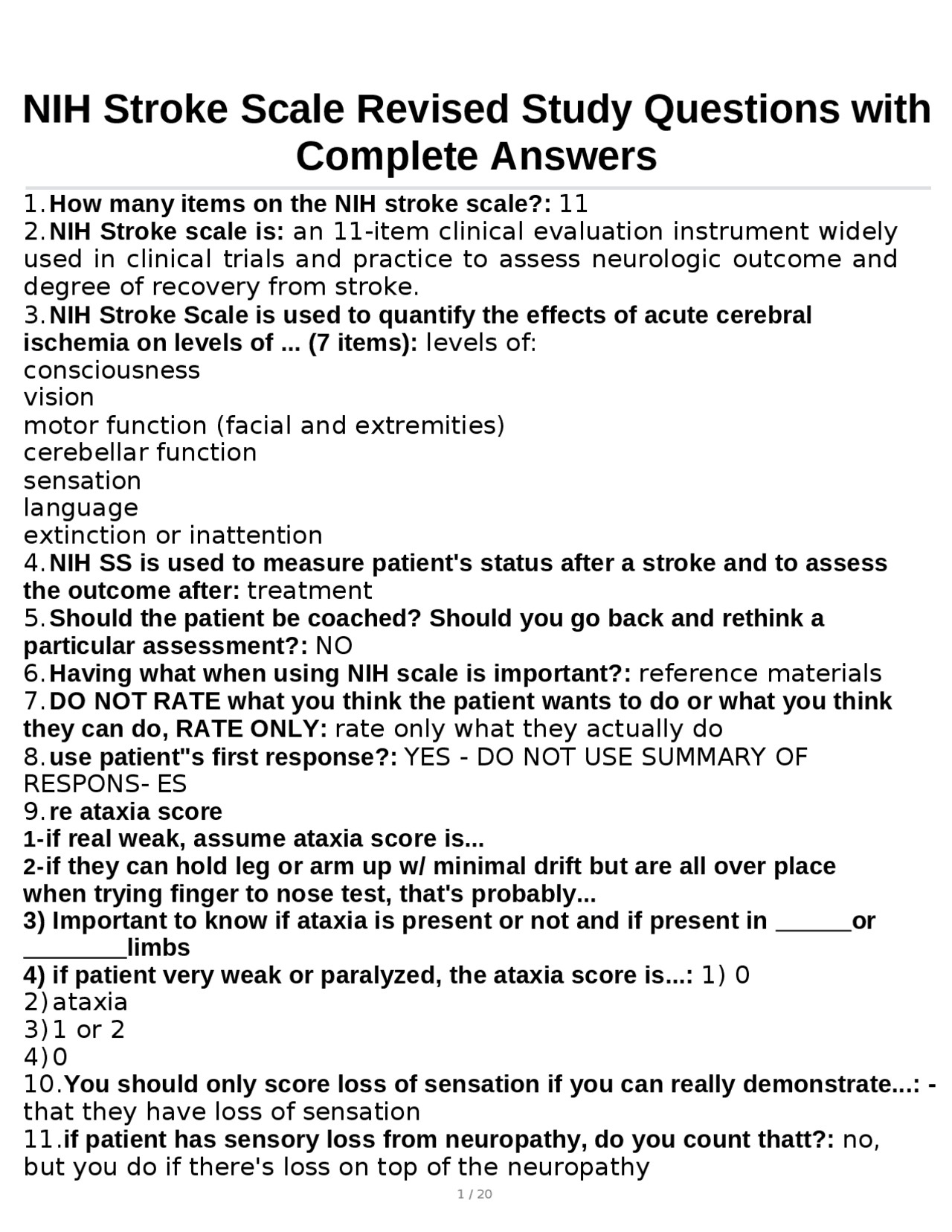 NIH Stroke Scale Revised Study Questions with Complete Answers | Exams ...
