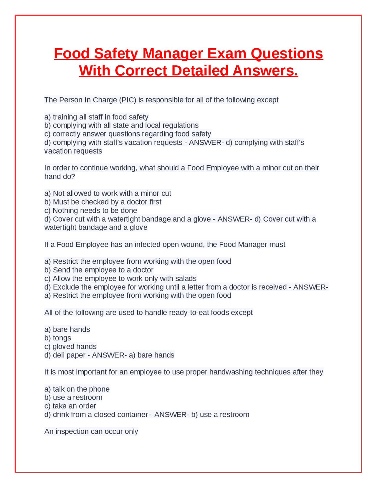Food Safety Manager Exam Questions with Answers | Exams Advanced ...