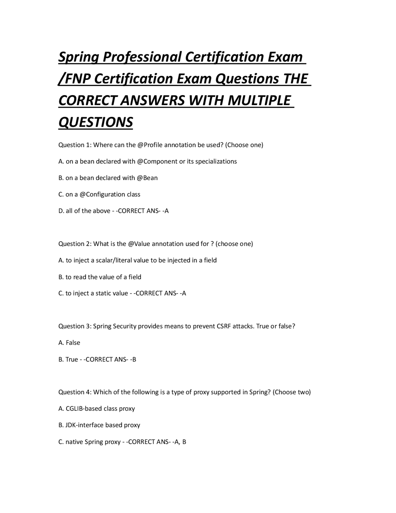 Spring Professional Certification Exam Questions and Answers | Exams ...