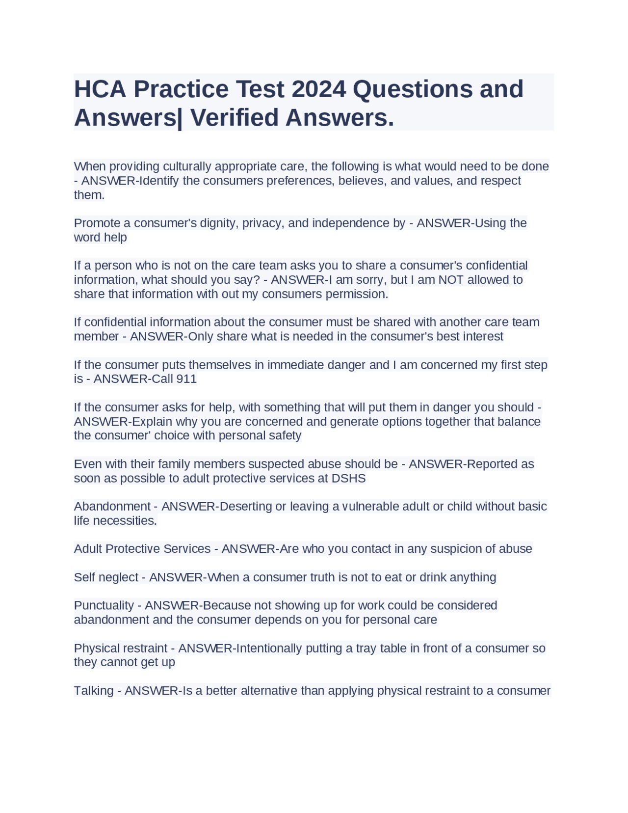 HCA Practice Test 2024 Questions and Answers| Verified Answers. | Exams ...