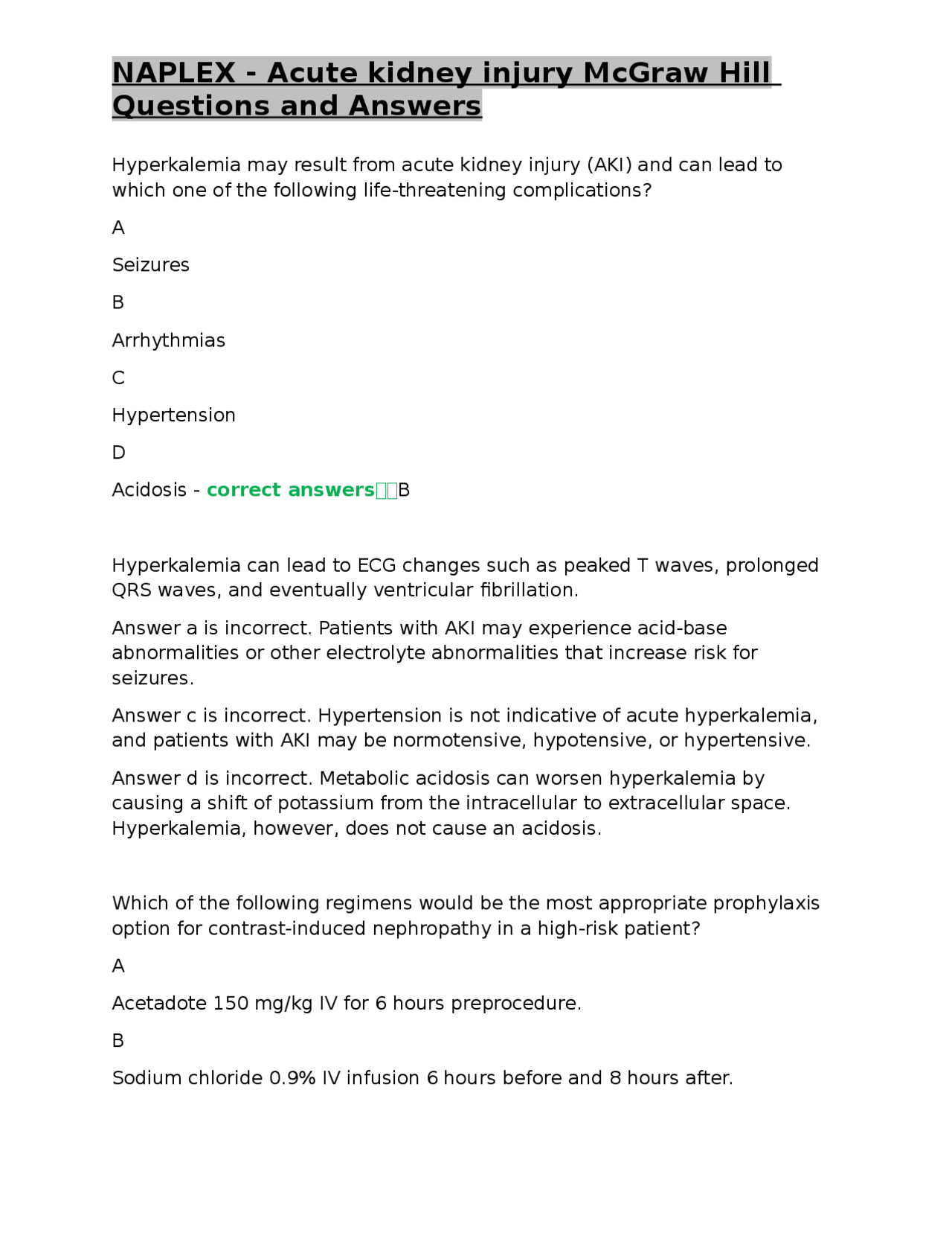 NAPLEX - Acute Kidney Injury: Multiple Choice Questions and Answers ...