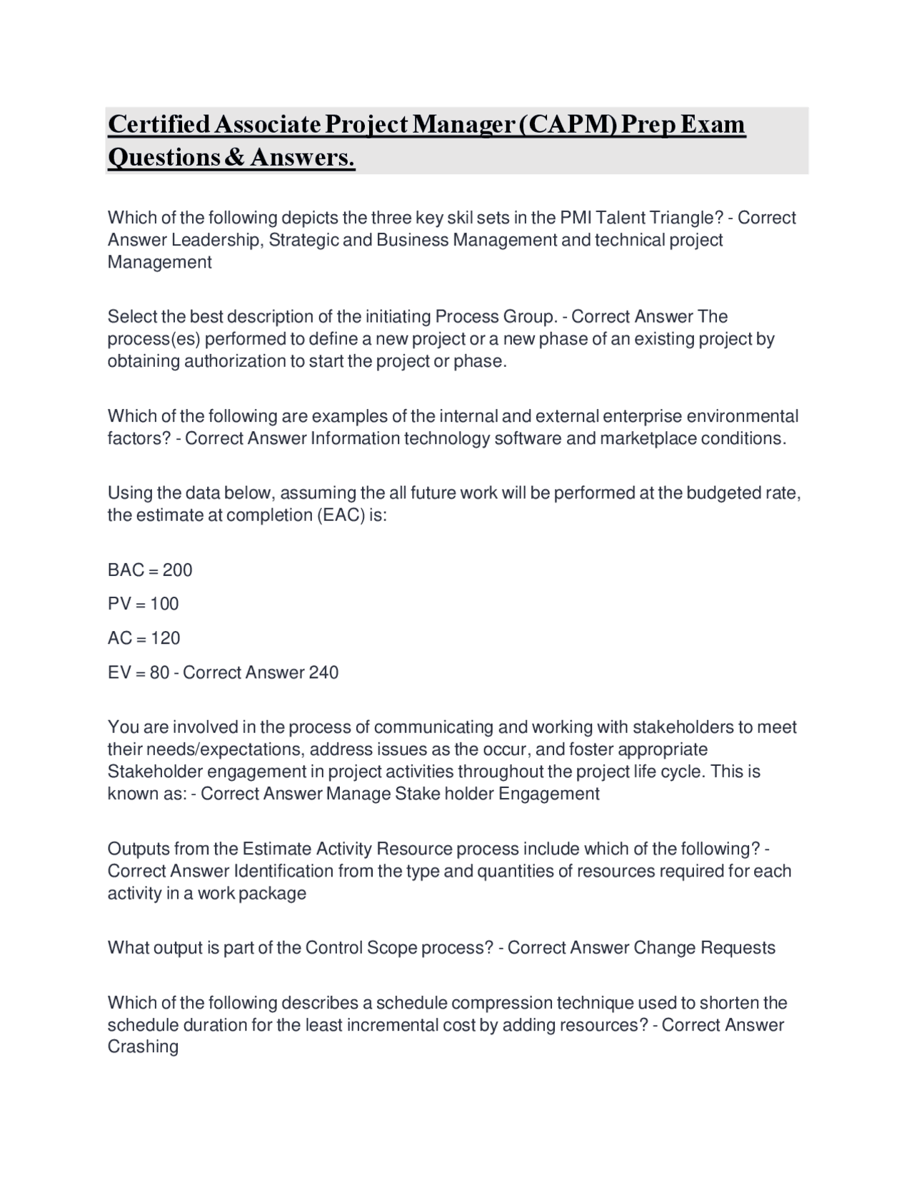 Certified Associate Project Manager (CAPM) Prep Exam Questions & Answers. | Exams Managerial ...