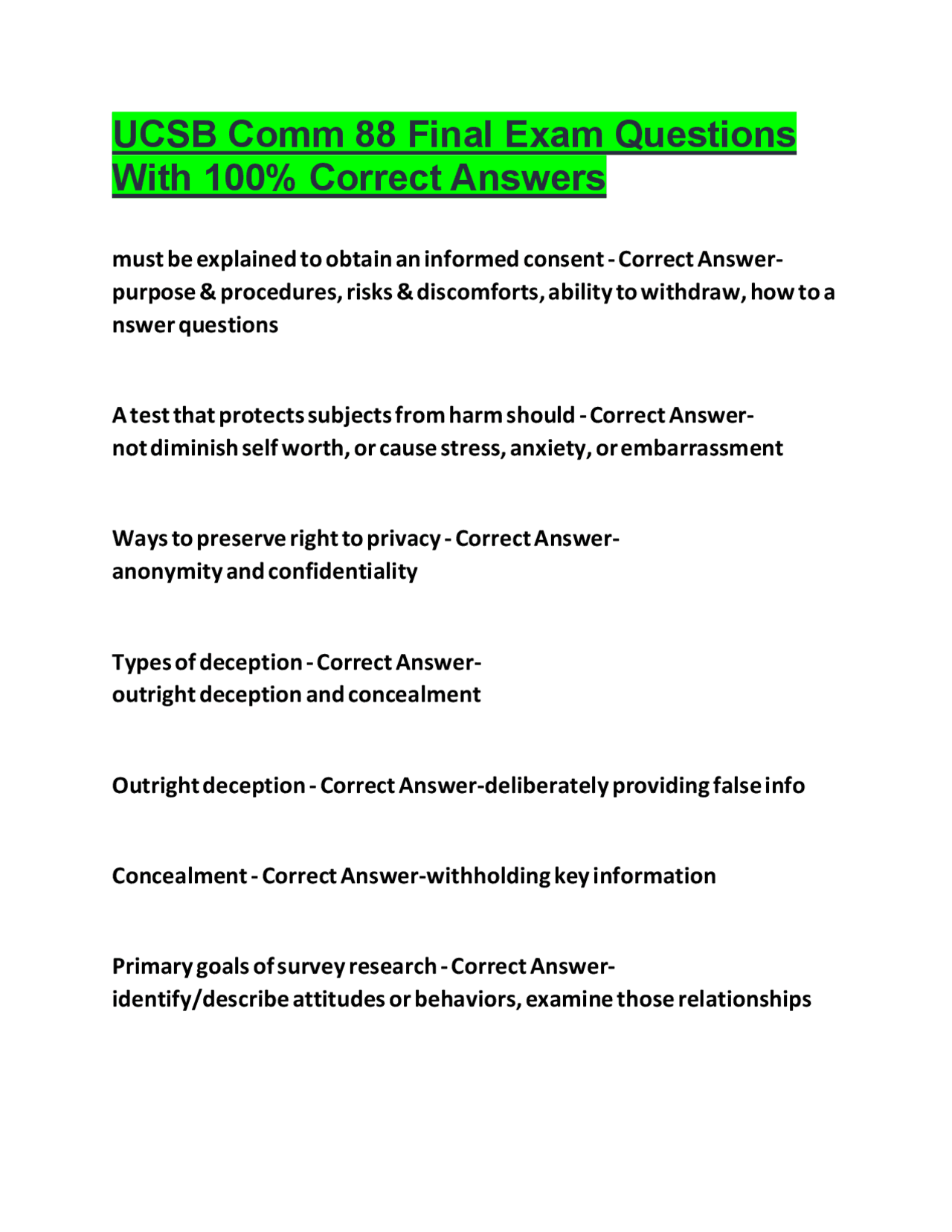 UCSB Comm 88 Final Exam Questions With 100% Correct Answers | Exams Advanced Education | Docsity