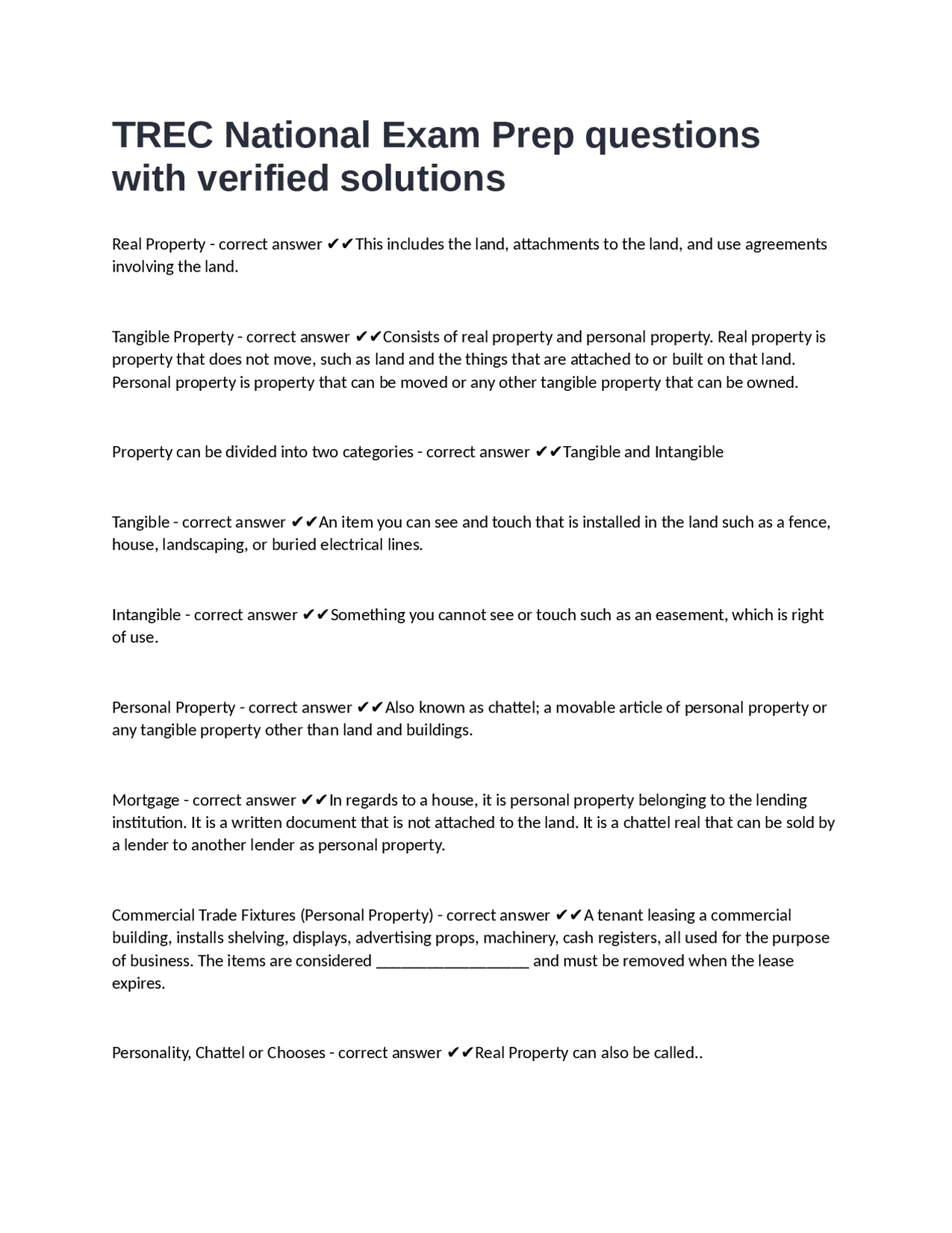 TREC National Exam Prep questions with verified solutions12.docx | Exams Nursing | Docsity