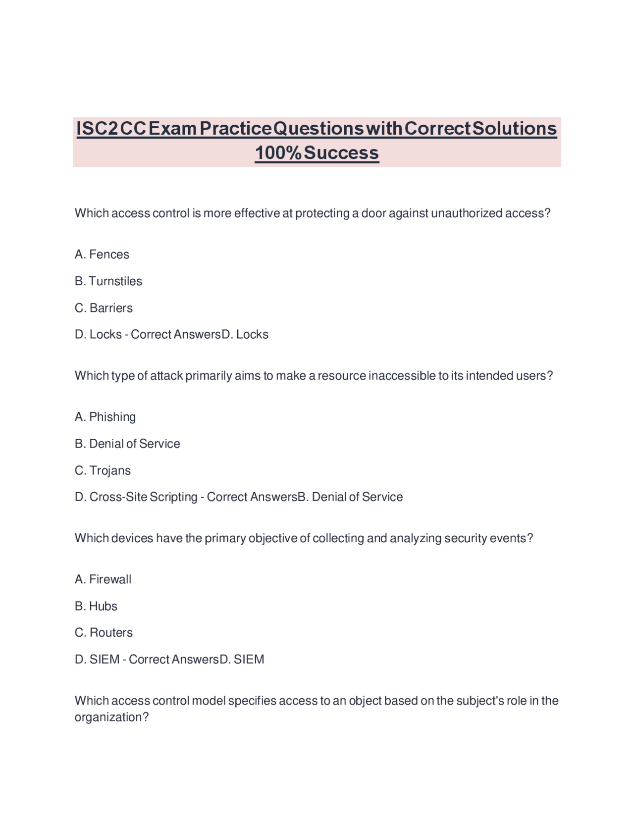 ISC2 CC Exam Practice Questions with Correct Solutions 100% Success ...