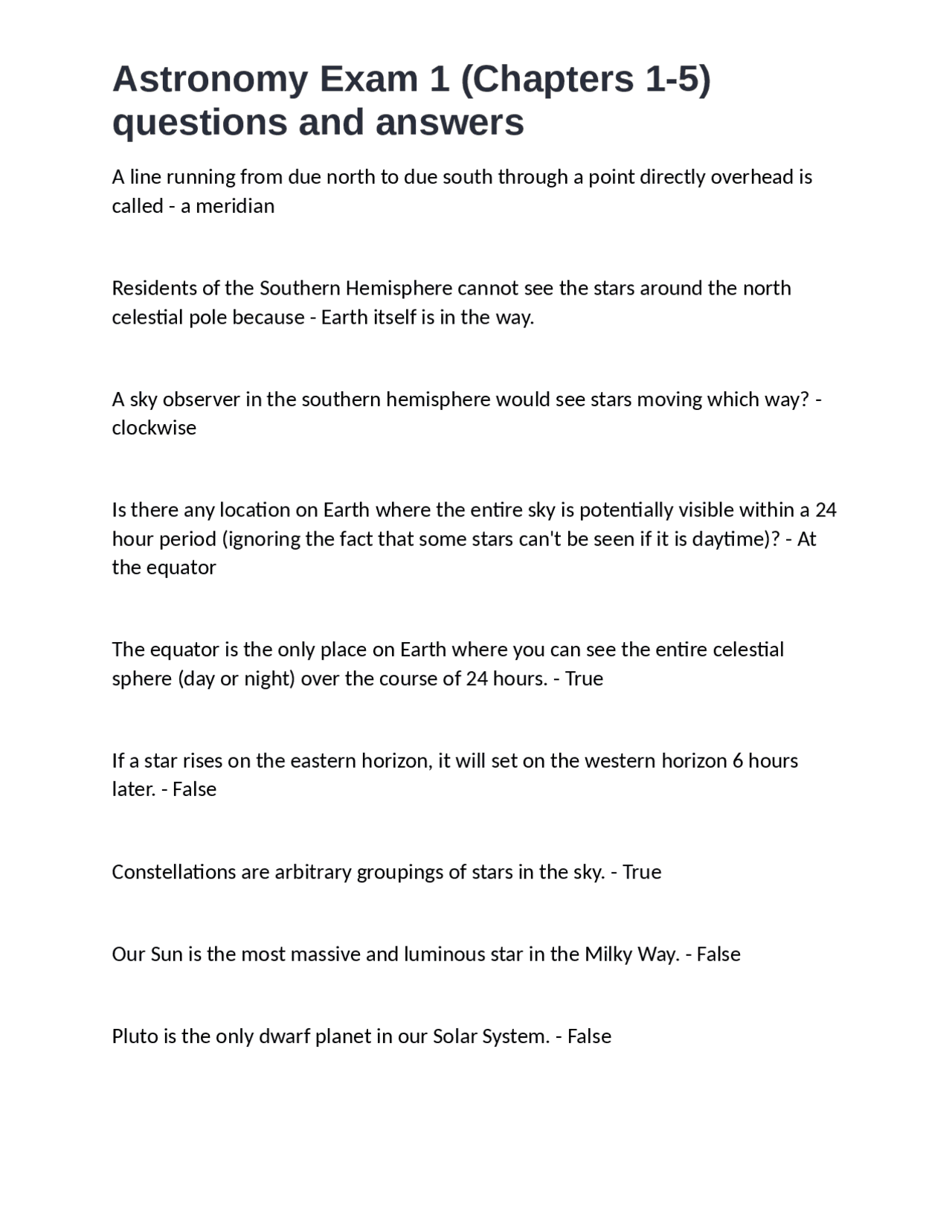 Astronomy Exam 1 (Chapters 1-5) questions and answers | Exams Nursing | Docsity