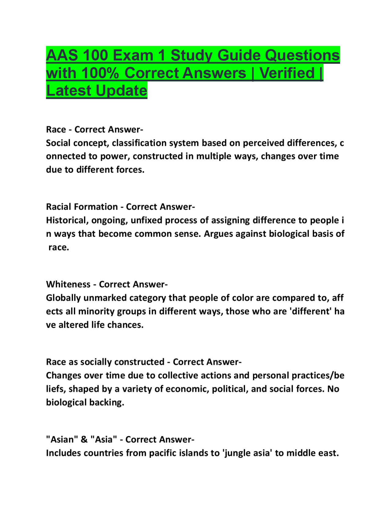 AAS 100 Exam 1 Study Guide: Race, Colonialism, and Representation ...