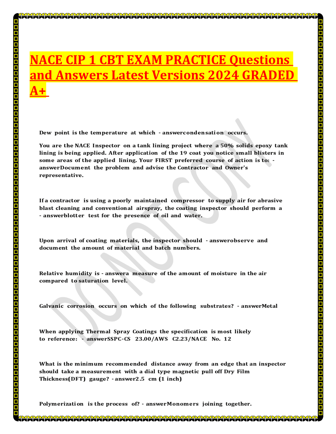 NACE CIP 1 CBT EXAM PRACTICE Questions and Answers | Exams Nursing ...