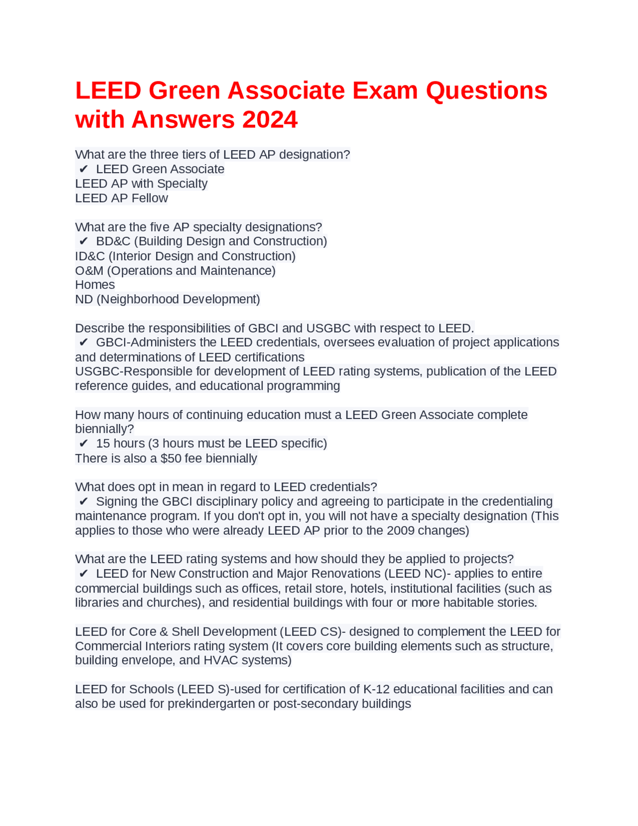 LEED Green Associate Exam Questions and Answers 2024 | Exams Finance ...