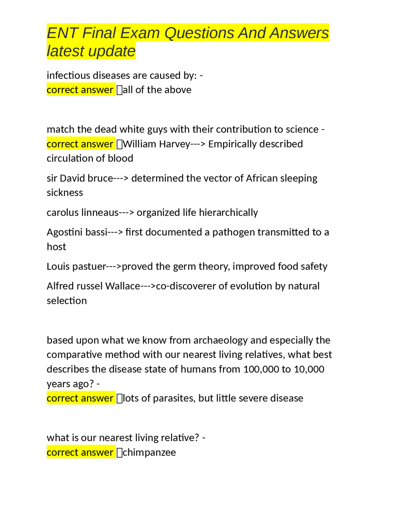ENT Final Exam Questions and Answers: Infectious Diseases, Public ...