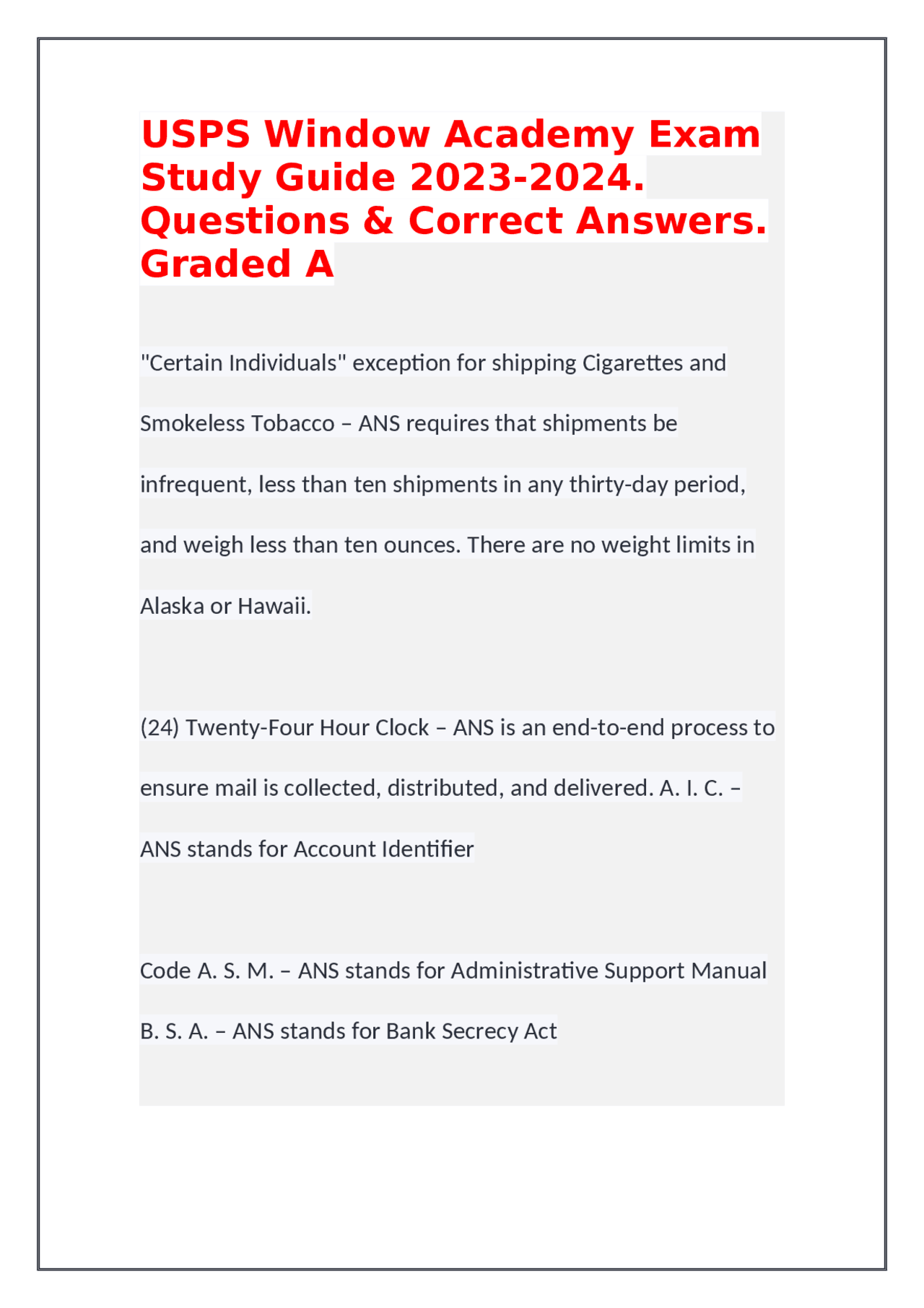 USPS Window Academy Exam Study Guide 2023-2024 | Exams Logistics | Docsity