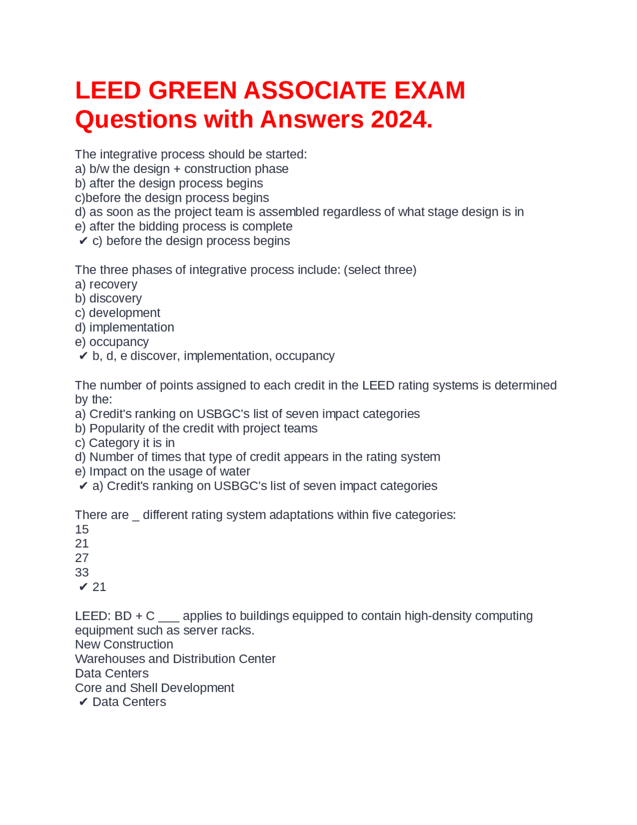 LEED Green Associate Exam Questions and Answers 2024 | Exams Finance ...