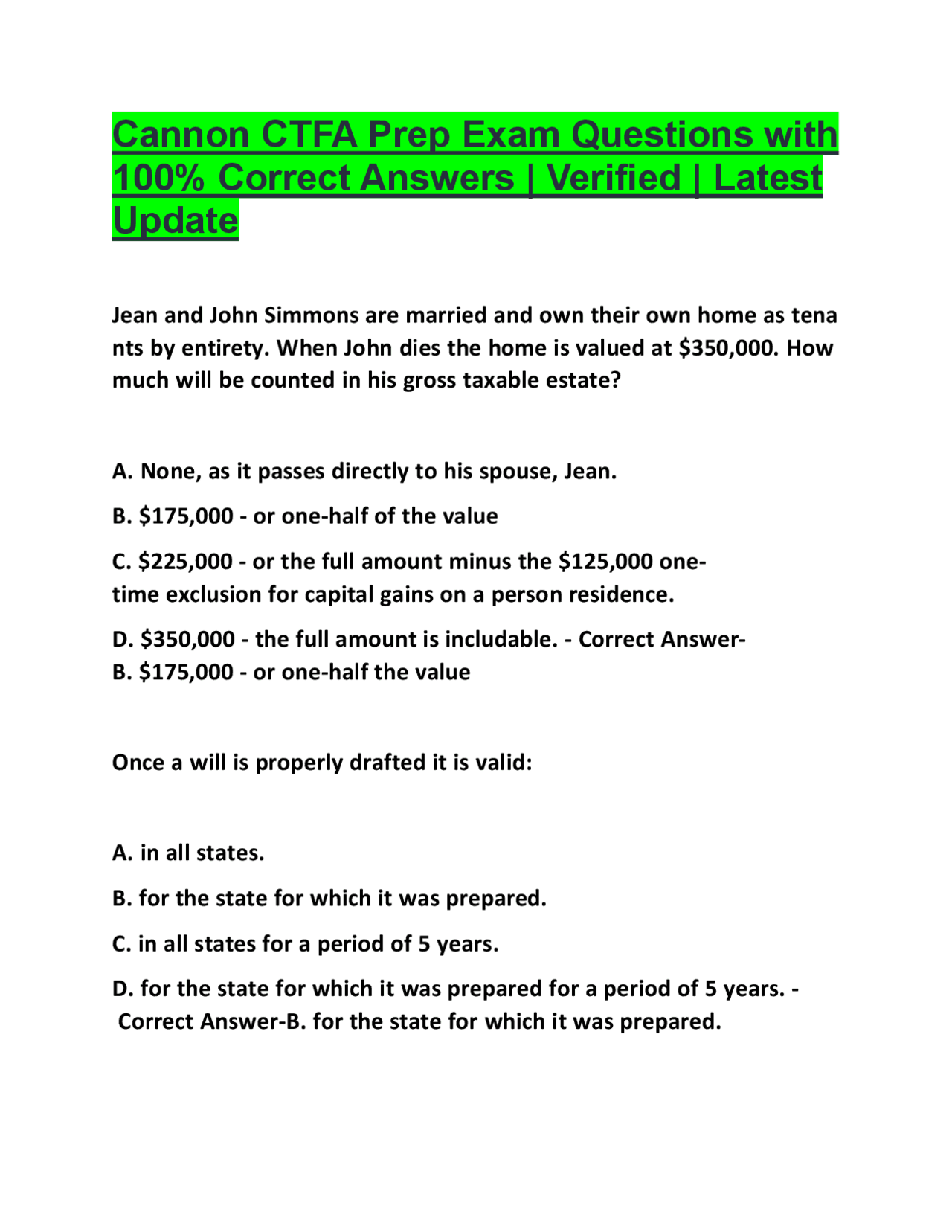 CTFA Prep Exam Questions and Answers | Exams Advanced Education | Docsity