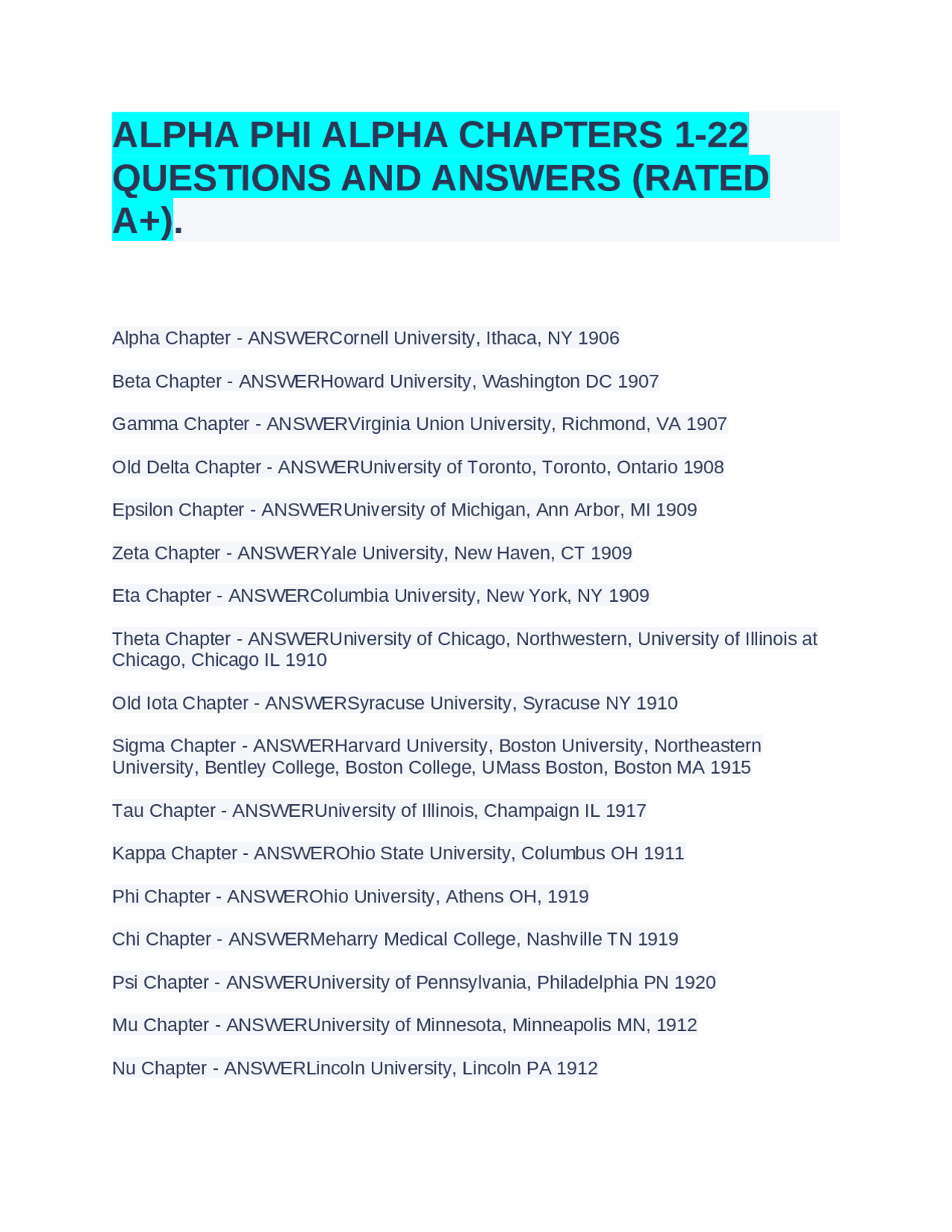 Alpha Phi Alpha Chapters: Questions and Answers | Exams Sociology | Docsity
