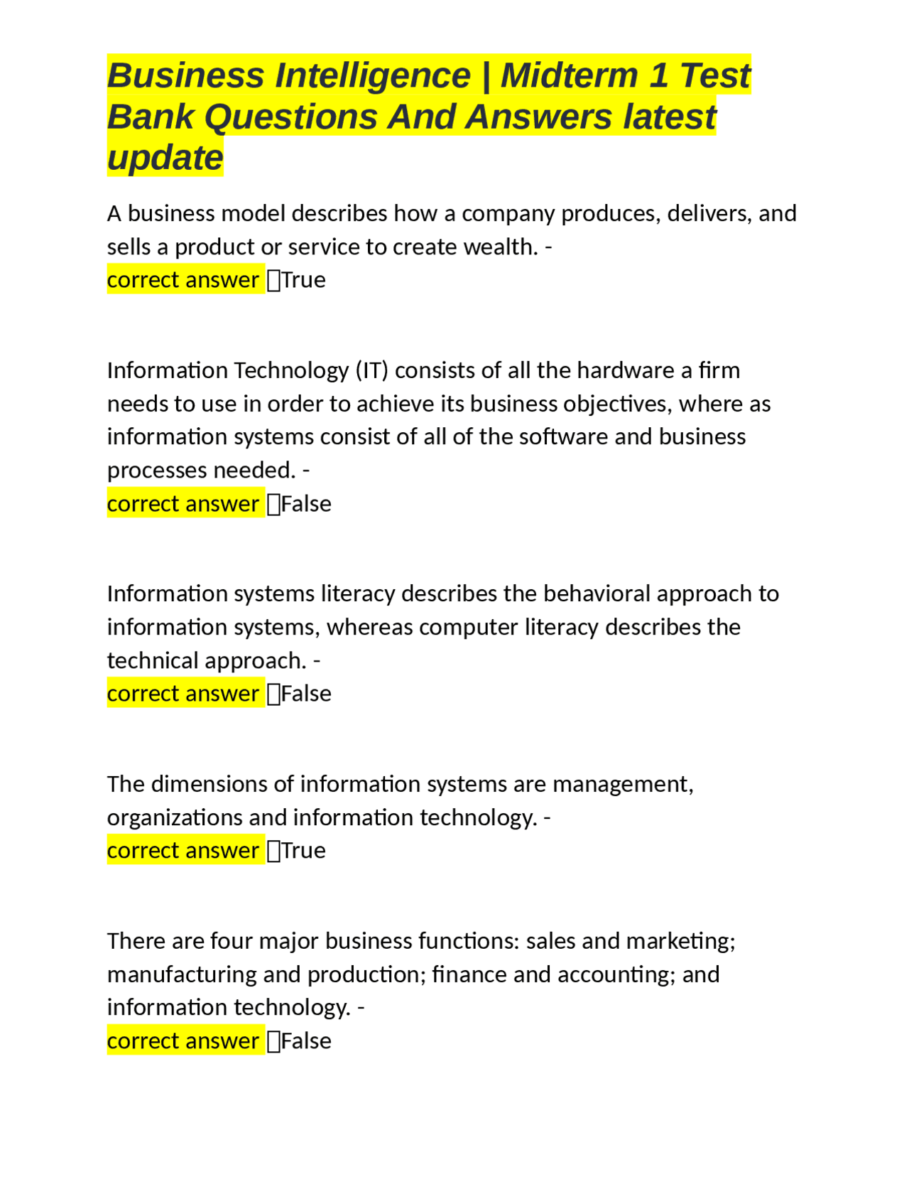 Business Intelligence Midterm 1 Test Bank: Questions and Answers ...
