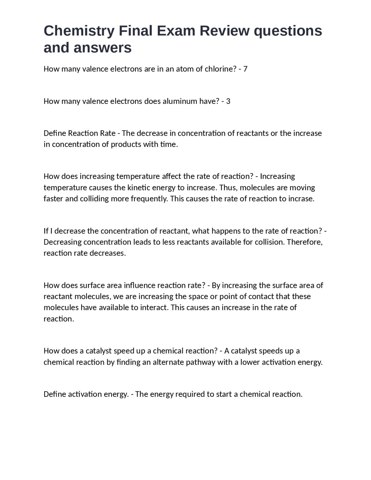 Chemistry Final Exam Review questions and answers | Exams Nursing | Docsity