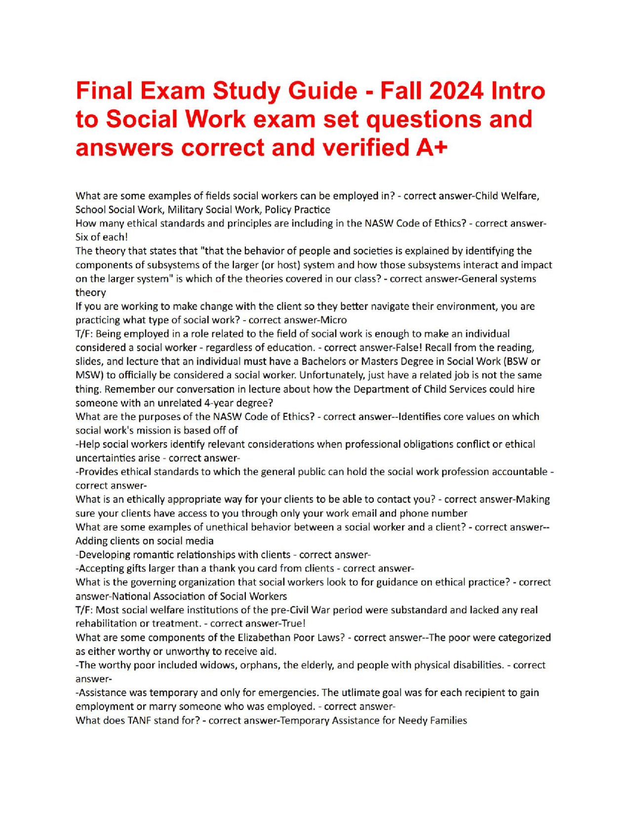 Final Exam Study Guide - Fall 2024 Intro to Social Work exam set questions and answers cor ...
