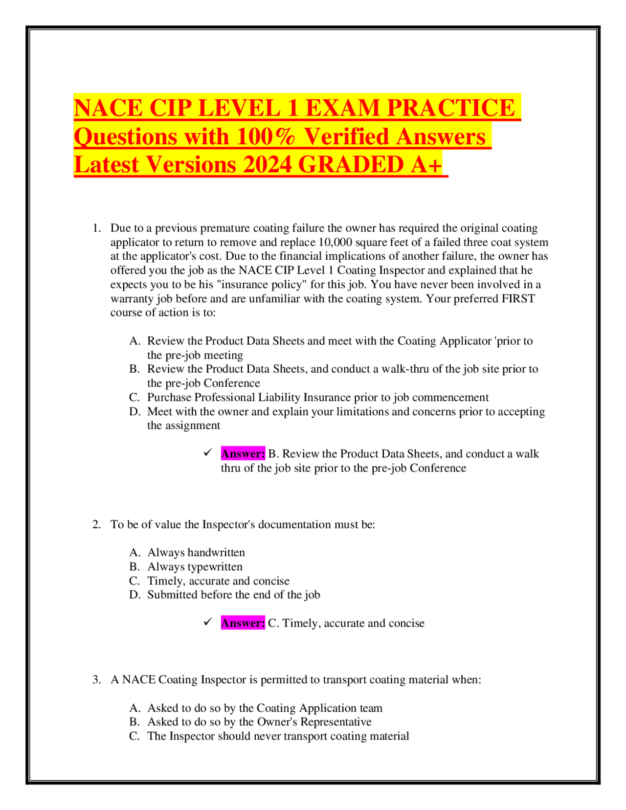 NACE CIP Level 1 Exam Practice Questions with Answers | Exams Nursing | Docsity