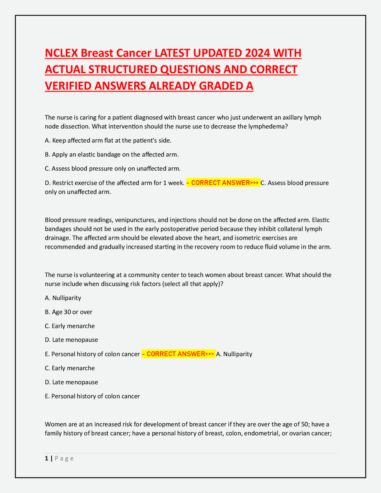 NCLEX Breast Cancer: 2024 Updated Questions & Answers | Exams Nursing ...