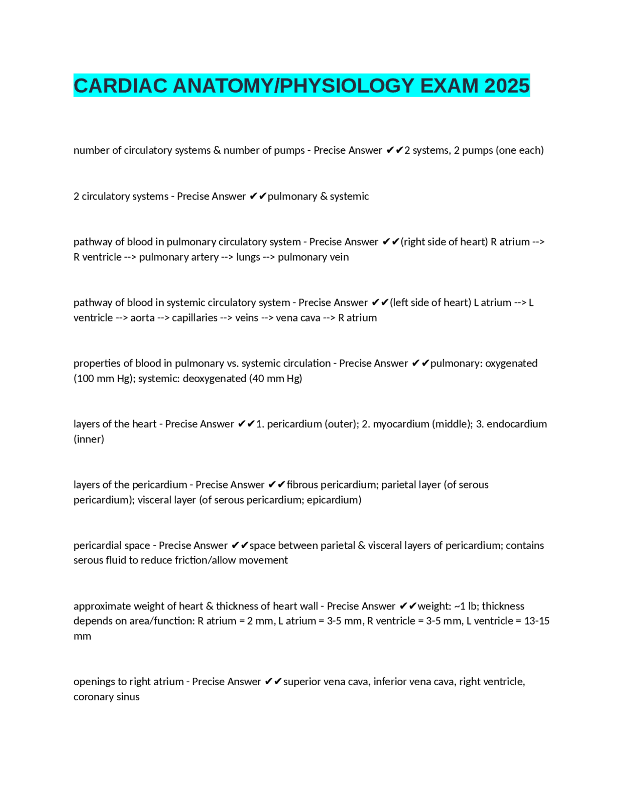 Cardiac Anatomy and Physiology Exam: Questions and Answers | Exams ...