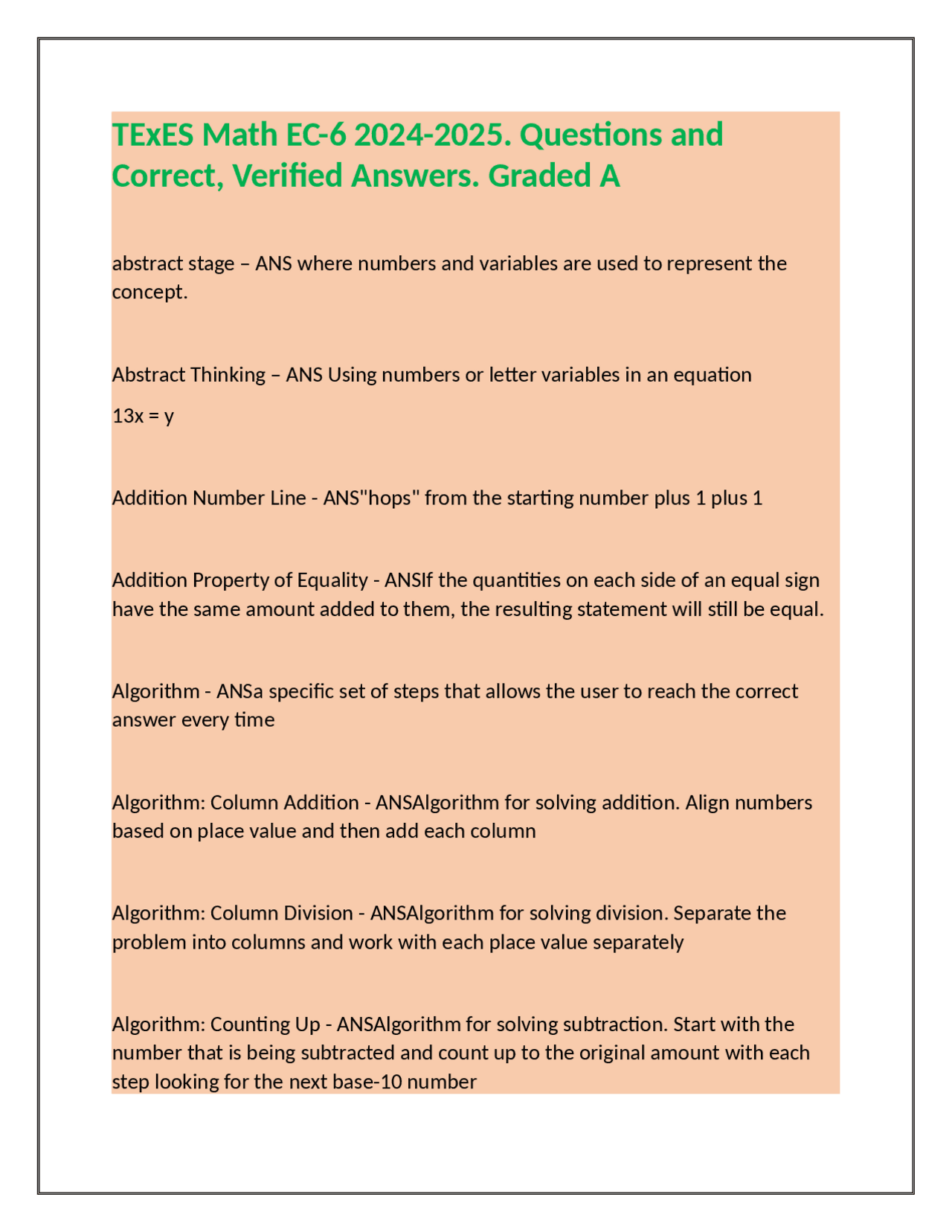 TExES Math EC-6 2024-2025. Questions and Correct, Verified Answers ...