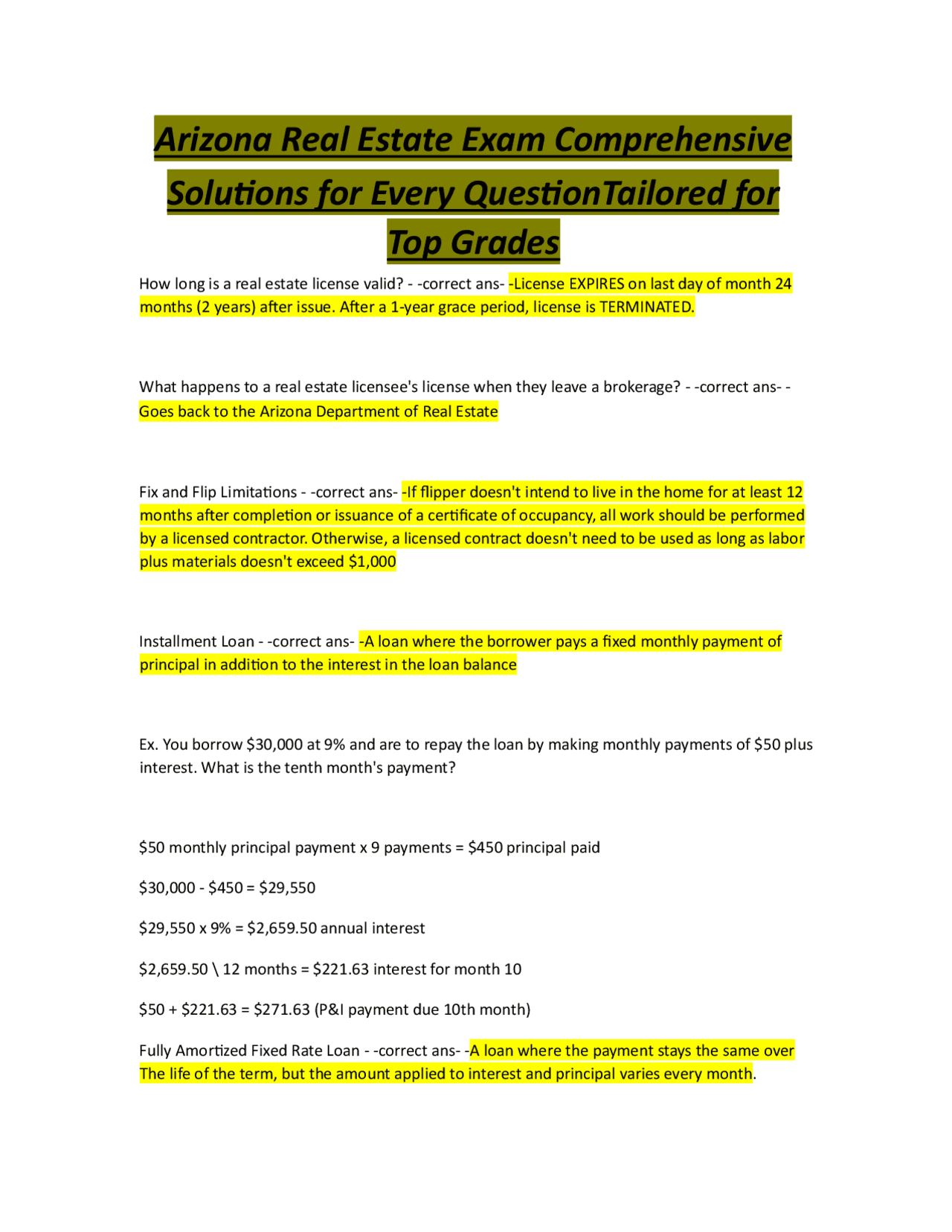 Arizona Real Estate Exam Comprehensive Solutions: Practice Questions ...