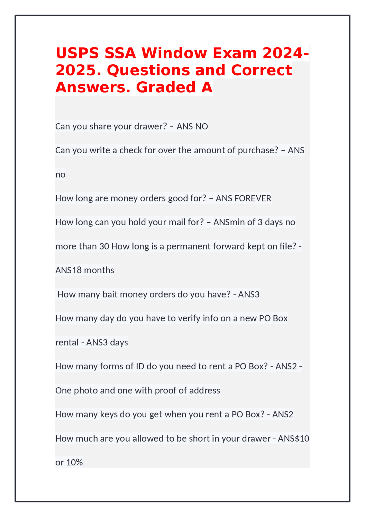 USPS SSA Window Exam 2024-2025. Questions and Correct Answers. Graded A ...