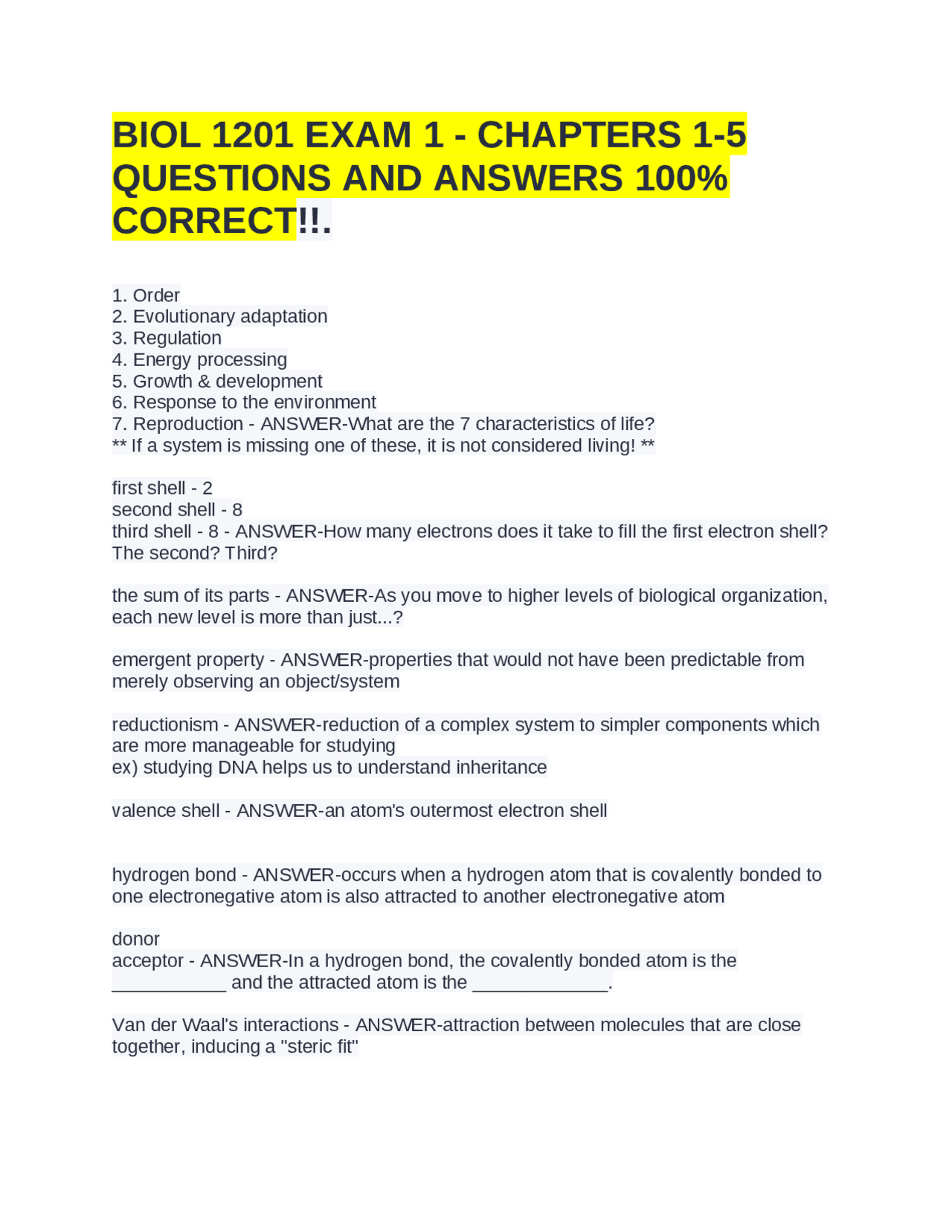 BIOL 1201 EXAM 1 - CHAPTERS 1-5 QUESTIONS AND ANSWERS 100% CORRECT ...
