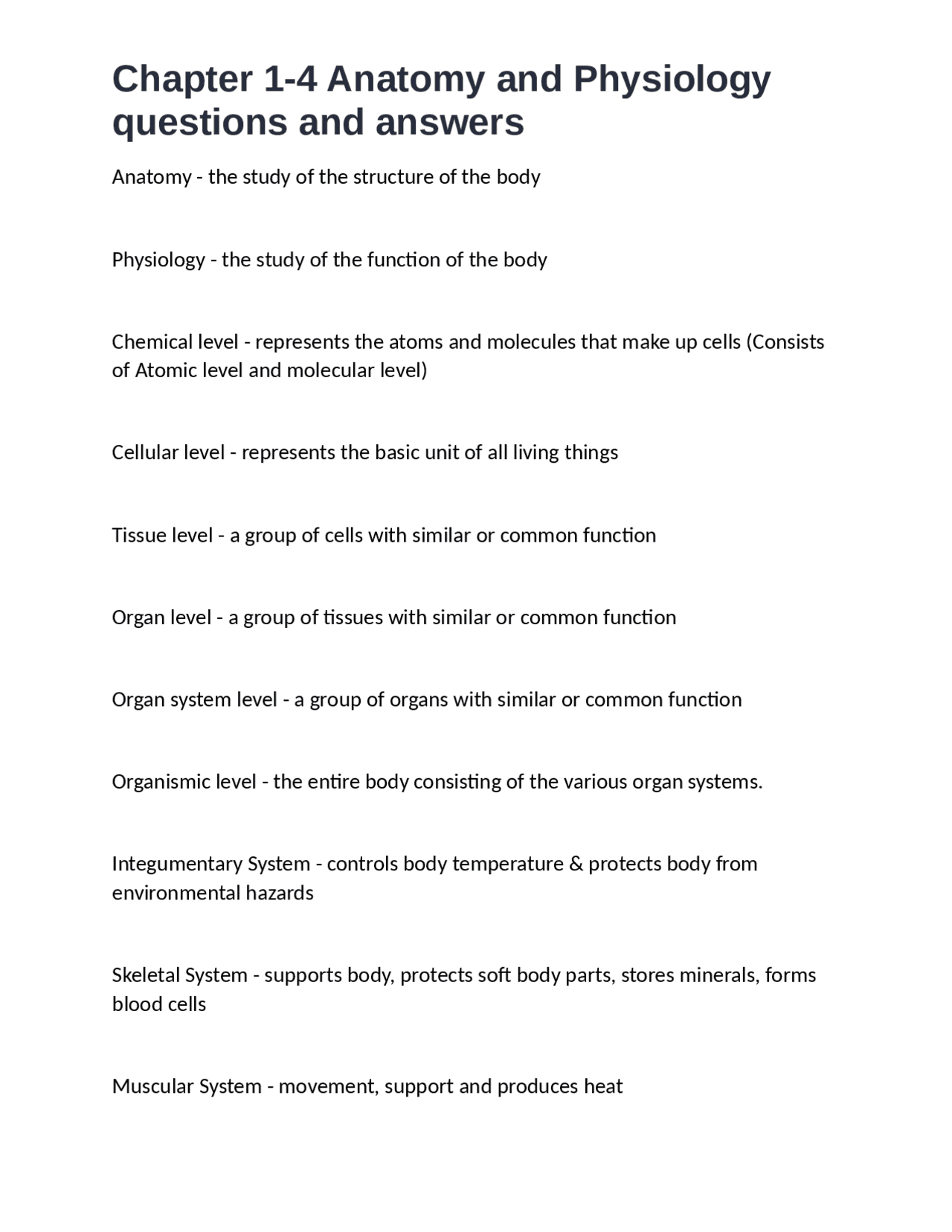 Chapter 1-4 Anatomy and Physiology questions and answers | Exams ...