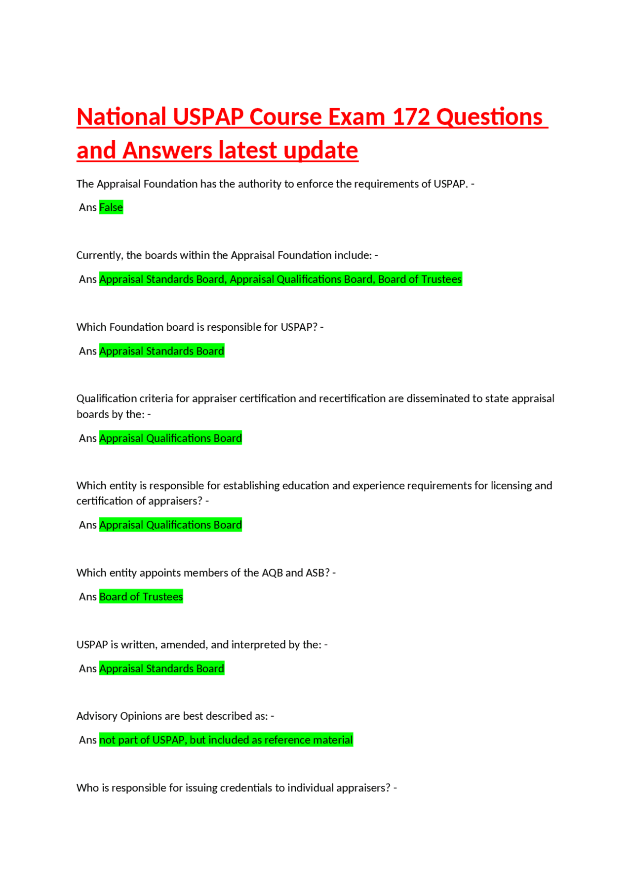 USPAP Exam Questions and Answers | Exams Nursing | Docsity