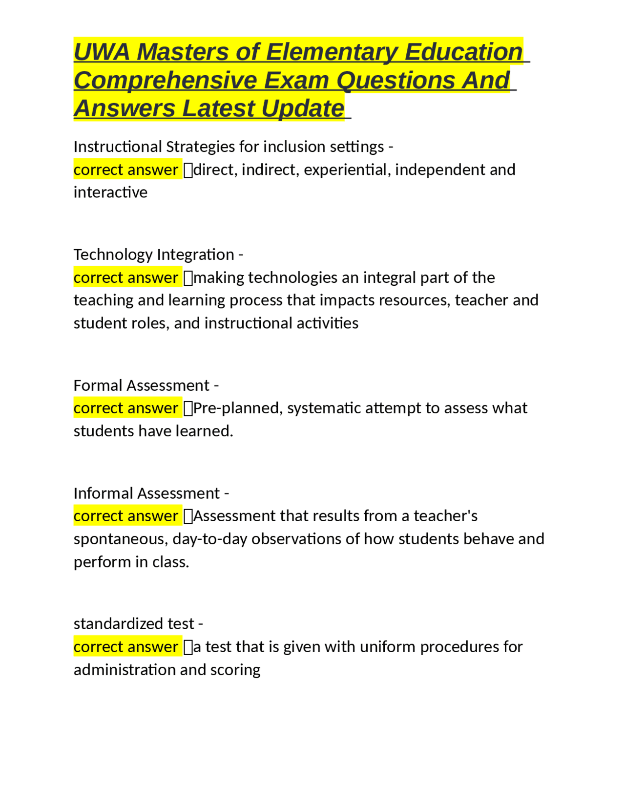 UWA Masters of Elementary Education Comprehensive Exam Questions And ...