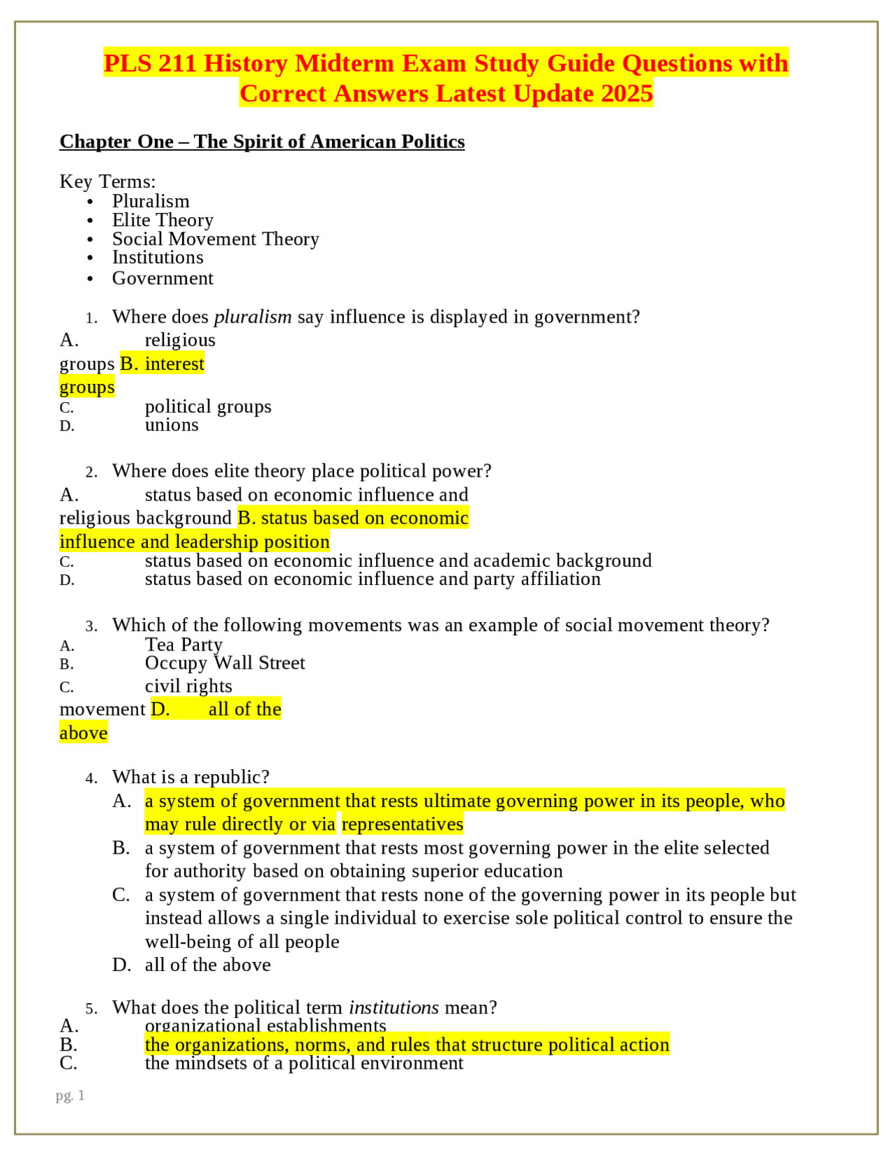 PLS 211 History Midterm Exam Study Guide: American Politics and the ...